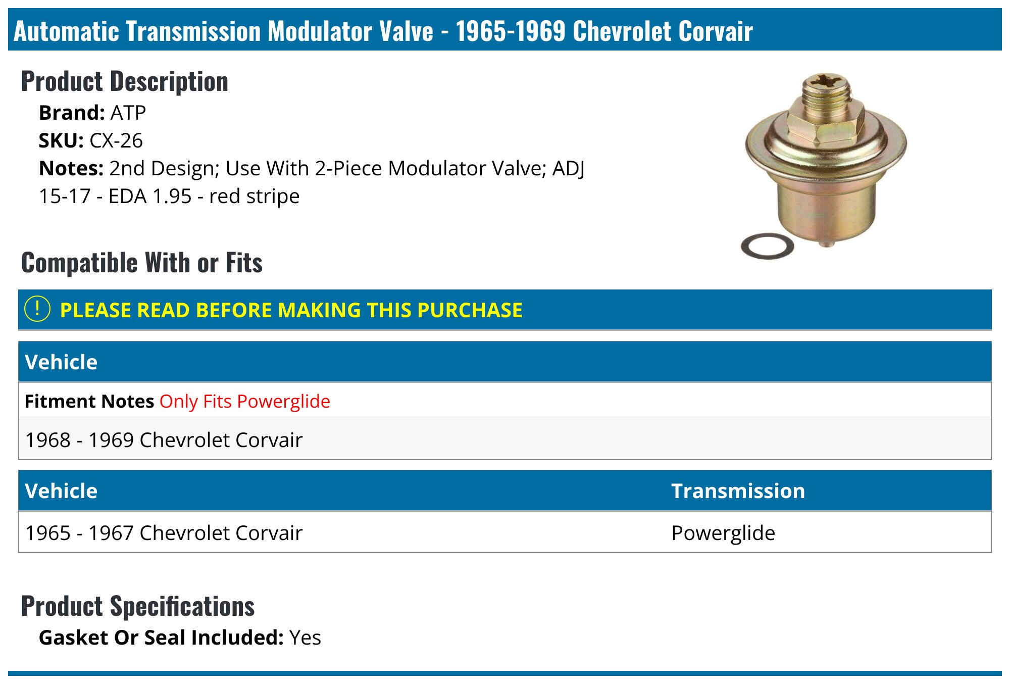 1965-1969 Chevrolet Corvair Automatic Transmission Modulator Valve ...