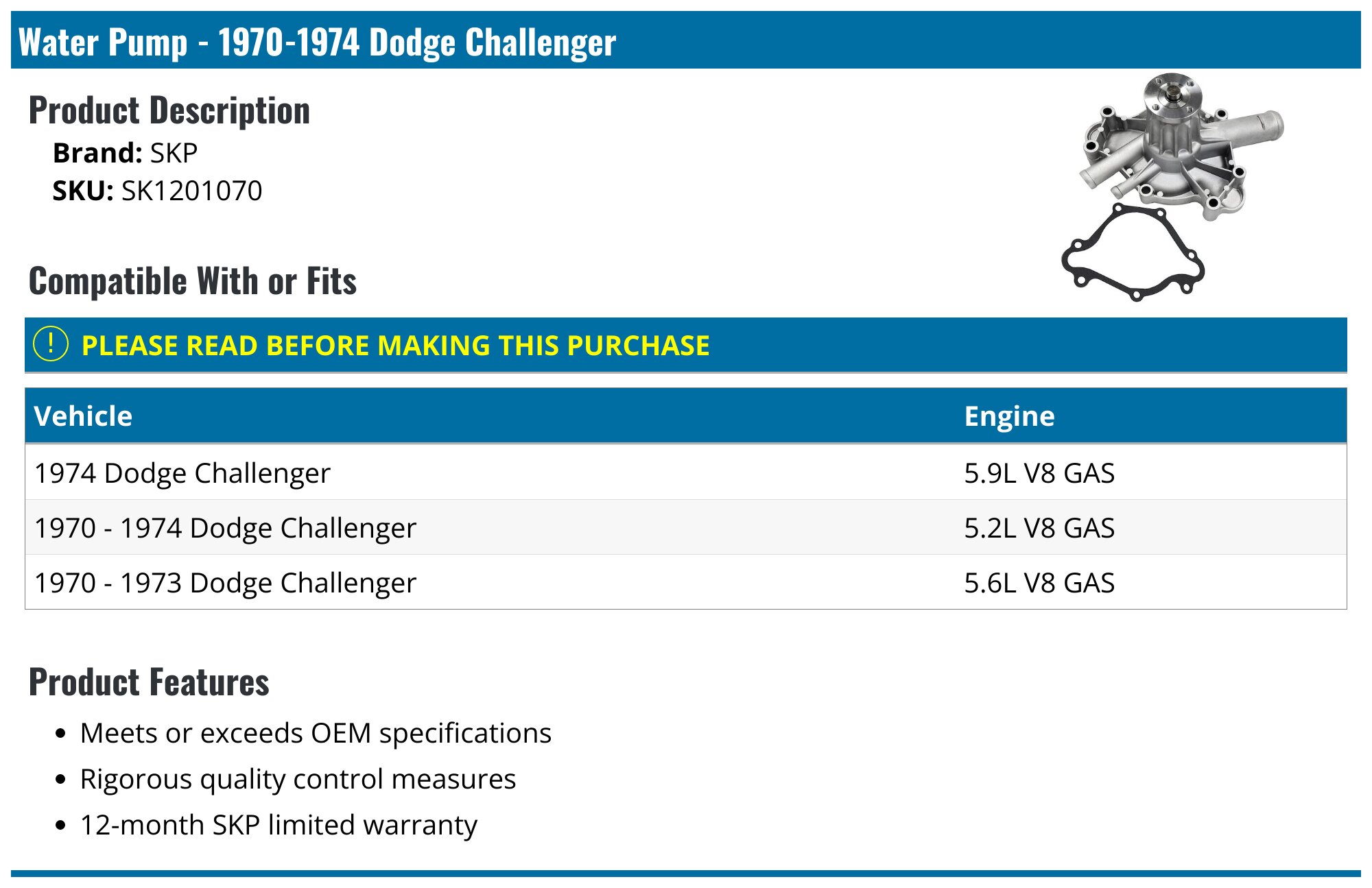 1970-1974 Dodge Challenger Water Pump - SKP SK1201070 - PartsGeek.com