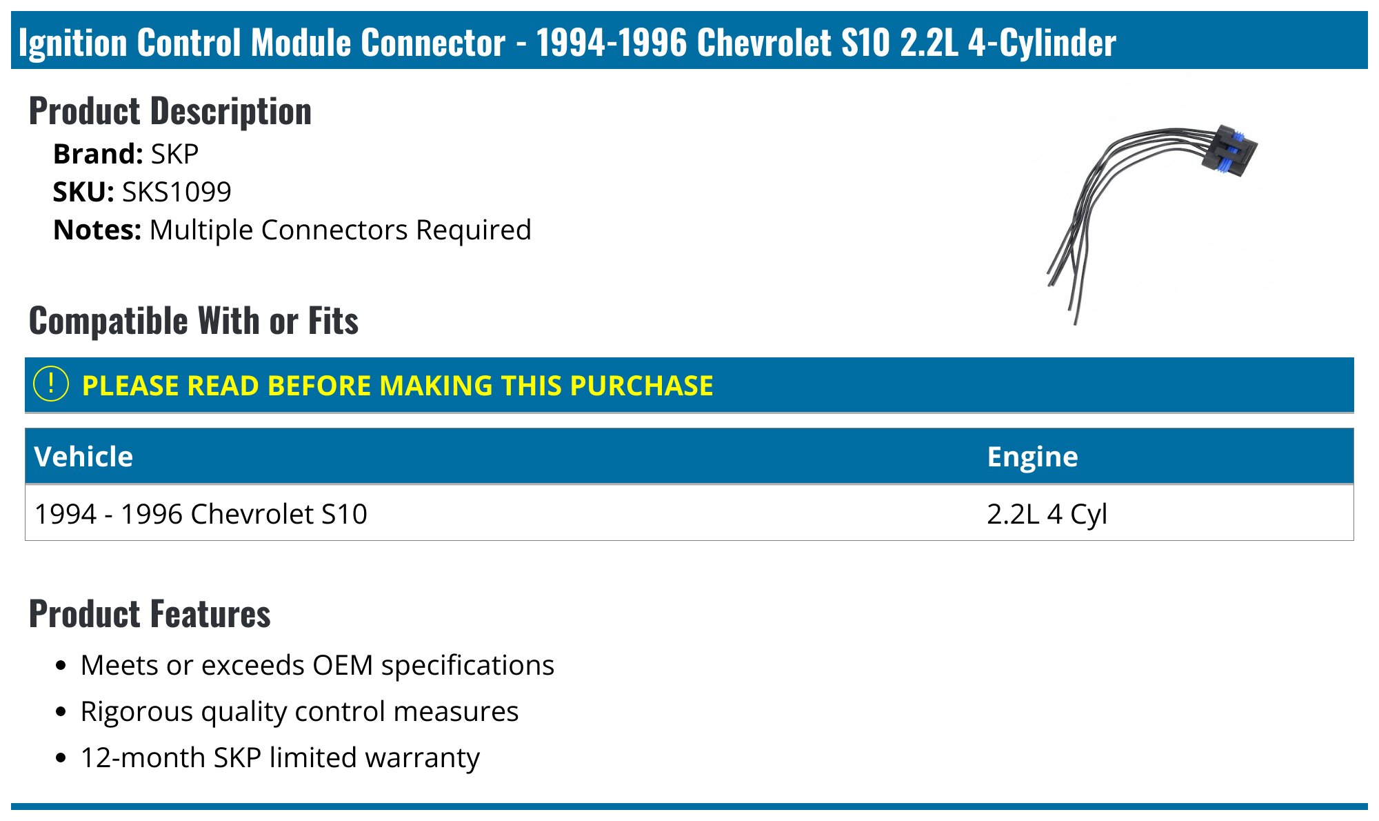 1994-1996 Chevrolet S10 Ignition Control Module Connector - SKP SKS1099 ...
