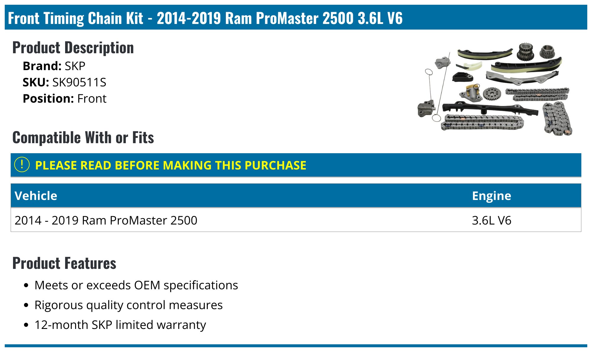 2014-2019 Ram ProMaster 2500 Timing Chain - SKP SK90511S - Front ...