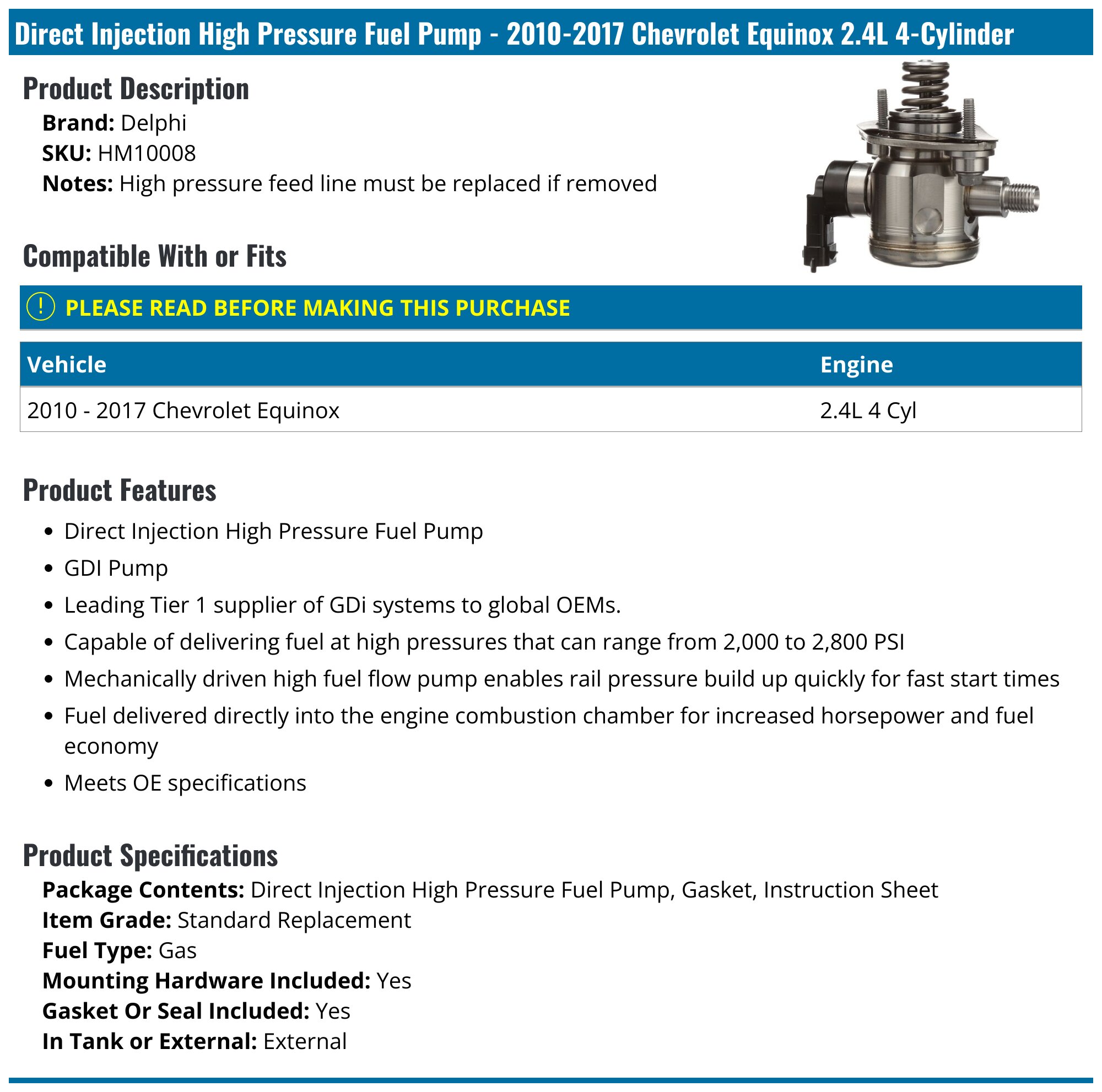 2010-2017 Chevrolet Equinox Fuel Pump - Delphi HM10008 - PartsGeek.com