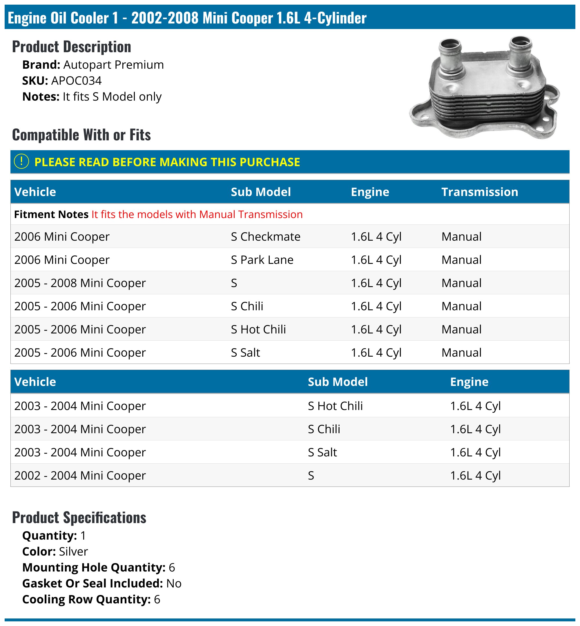 2002-2008 Mini Cooper Oil Cooler - Autopart Premium APOC034 - PartsGeek.com