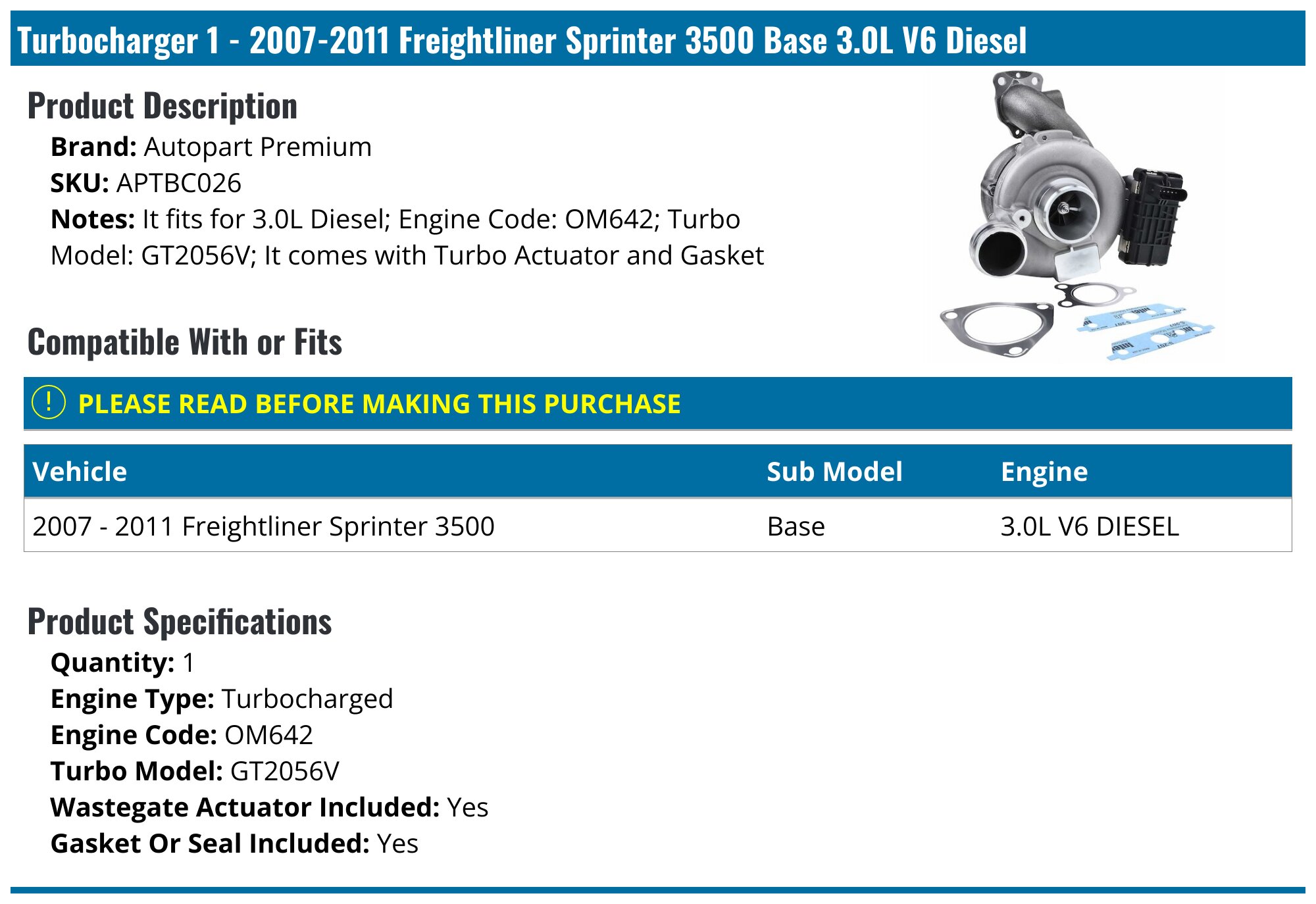2007-2011 Freightliner Sprinter 3500 Turbocharger - Autopart Premium ...