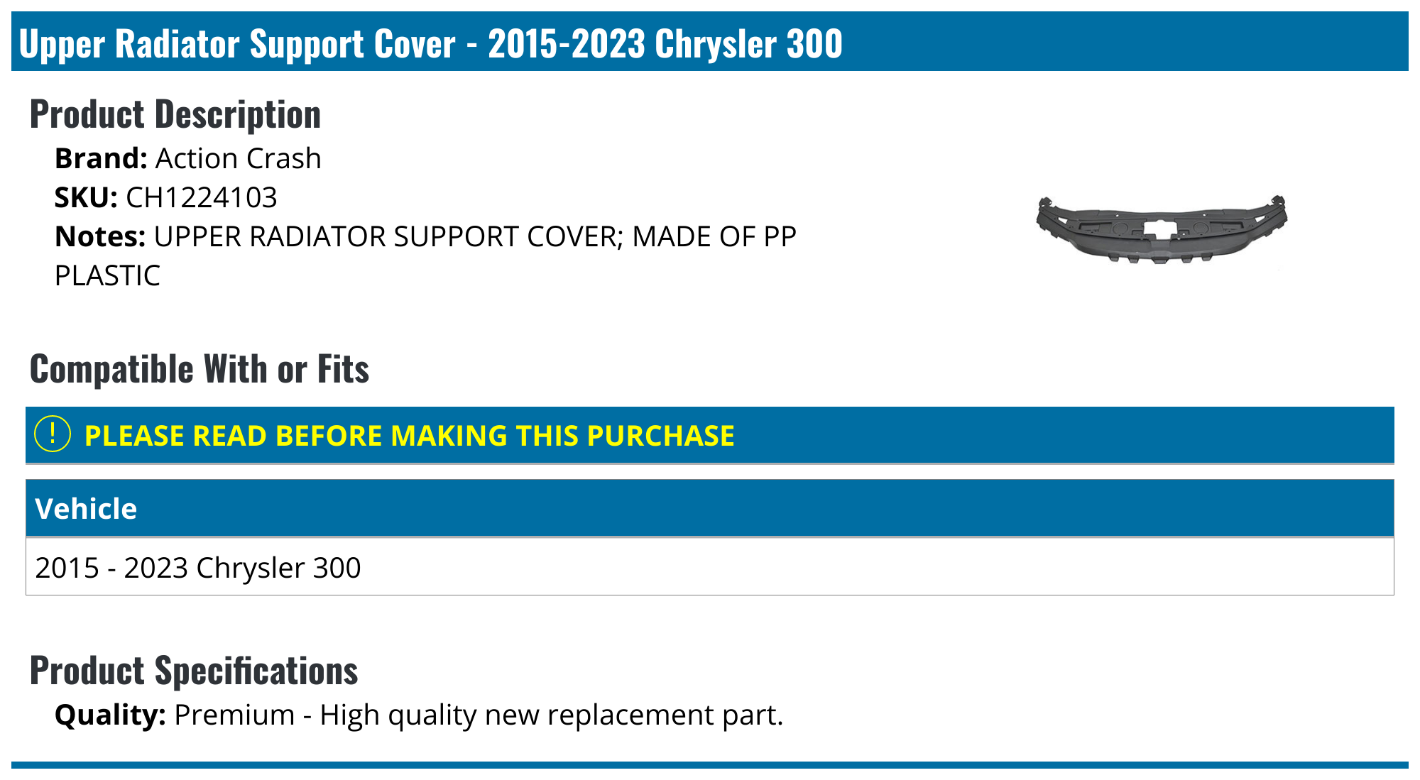 2015-2023 Chrysler 300 Radiator Support Cover - Action Crash CH1224103 ...