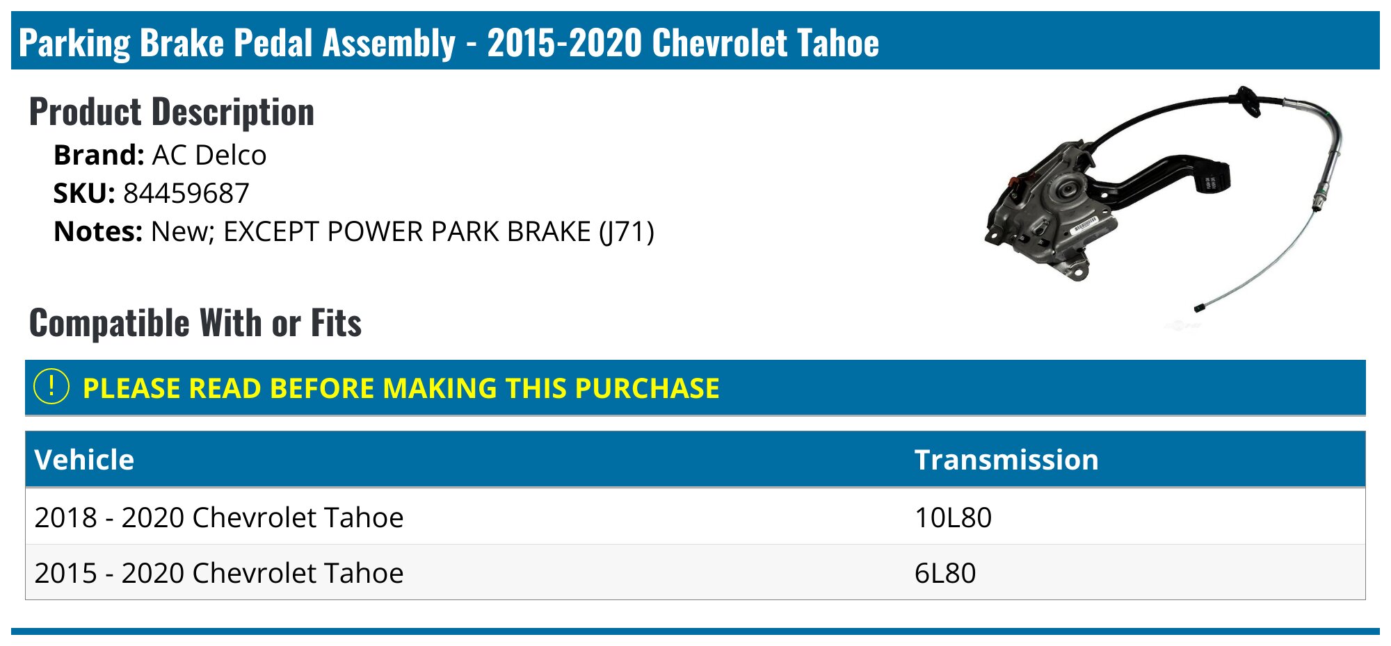 2015-2020 Chevrolet Tahoe Parking Brake Pedal Assembly - AC Delco ...