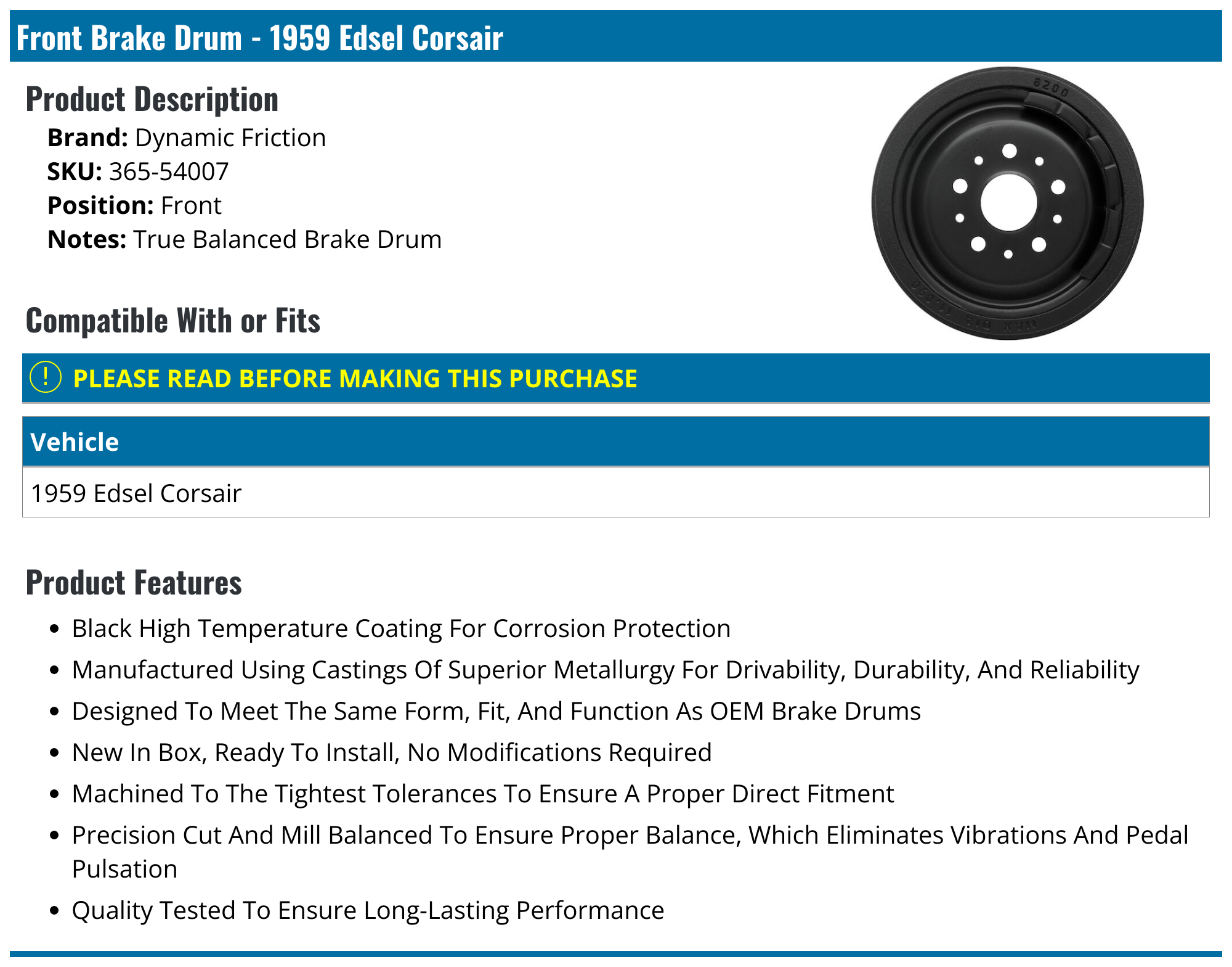 1959 Edsel Corsair Brake Drum - Dynamic Friction 365-54007 - Front ...
