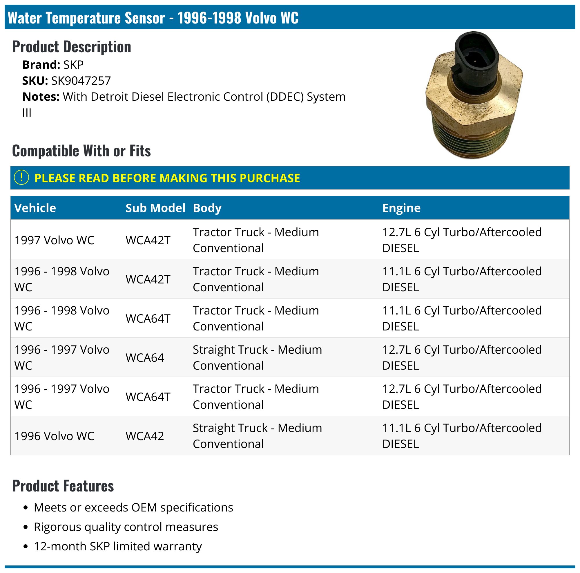 1996-1998 Volvo WC Water Temperature Sensor - SKP SK9047257 - PartsGeek.com