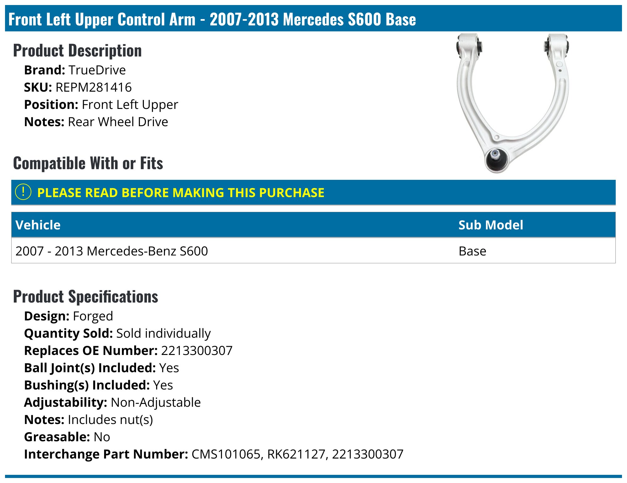 2007-2013 Mercedes S600 Control Arm - TrueDrive REPM281416 - Front Left ...