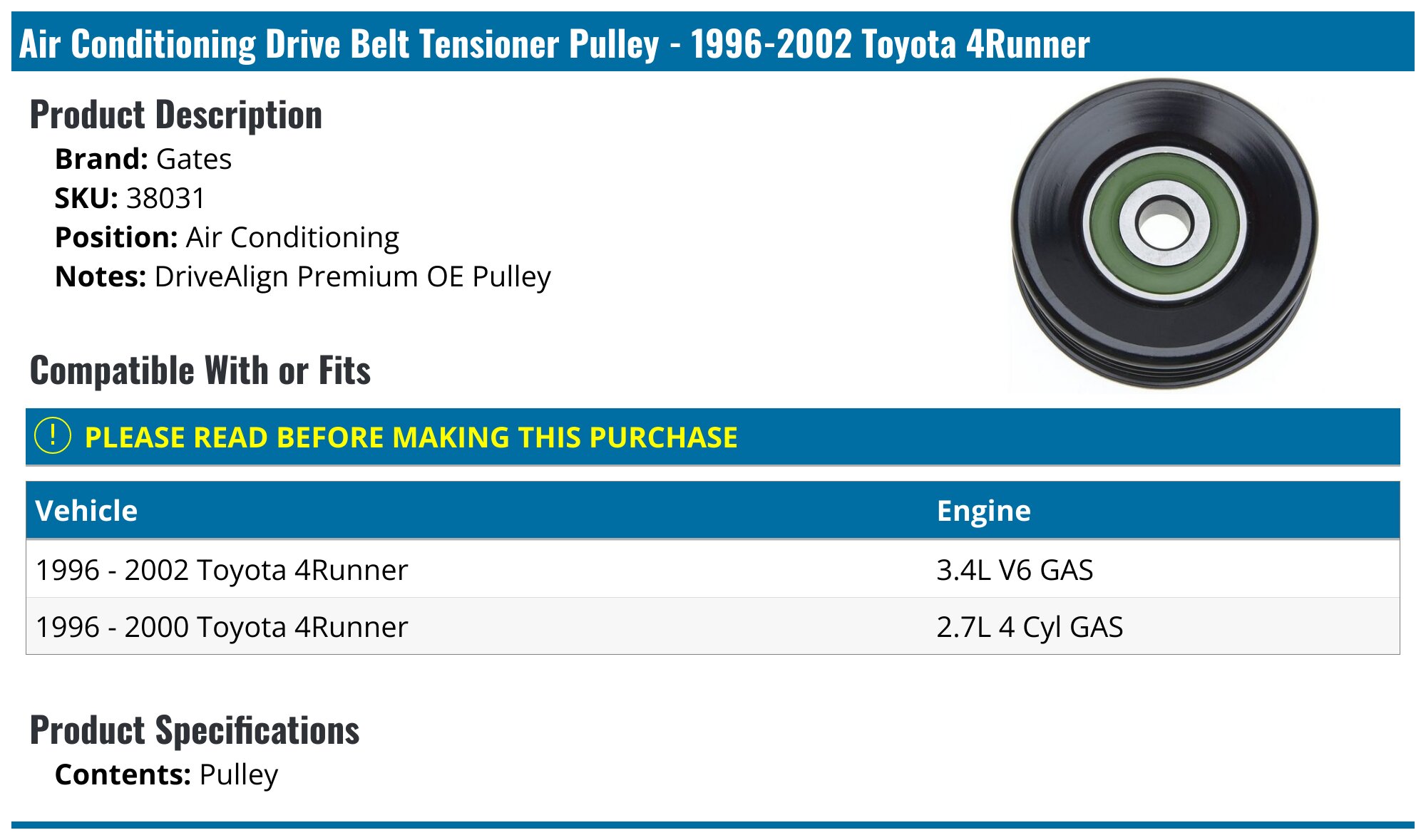 1996-2002 Toyota 4Runner Drive Belt Tensioner Pulley - Gates 38031 ...