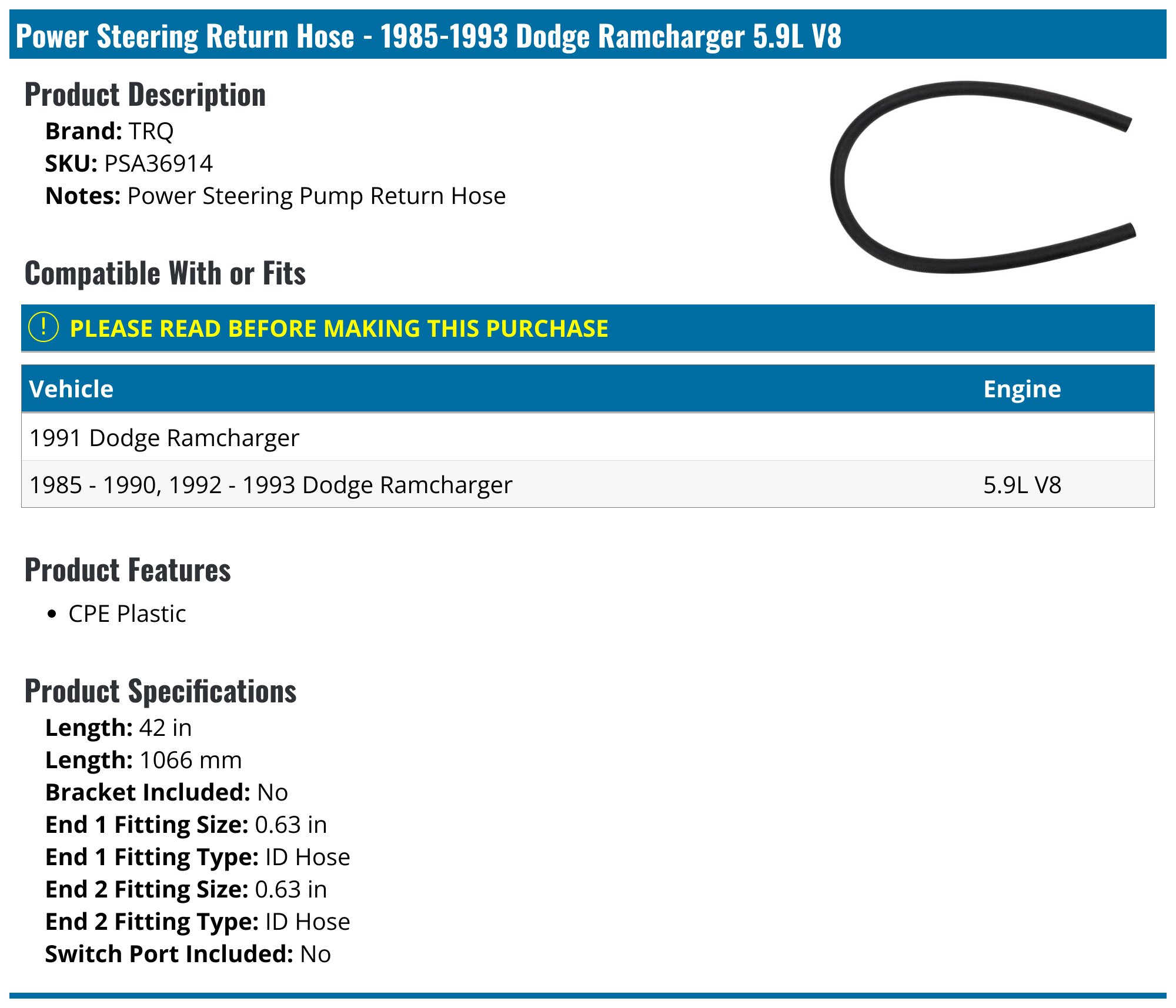 1985-1993 Dodge Ramcharger Power Steering Return Hose - TRQ PSA36914 ...