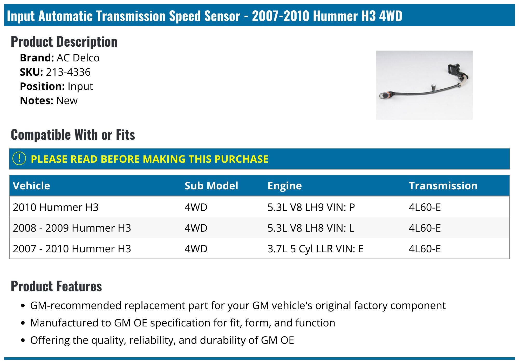 2007-2010 Hummer H3 Automatic Transmission Speed Sensor - AC Delco 213 ...