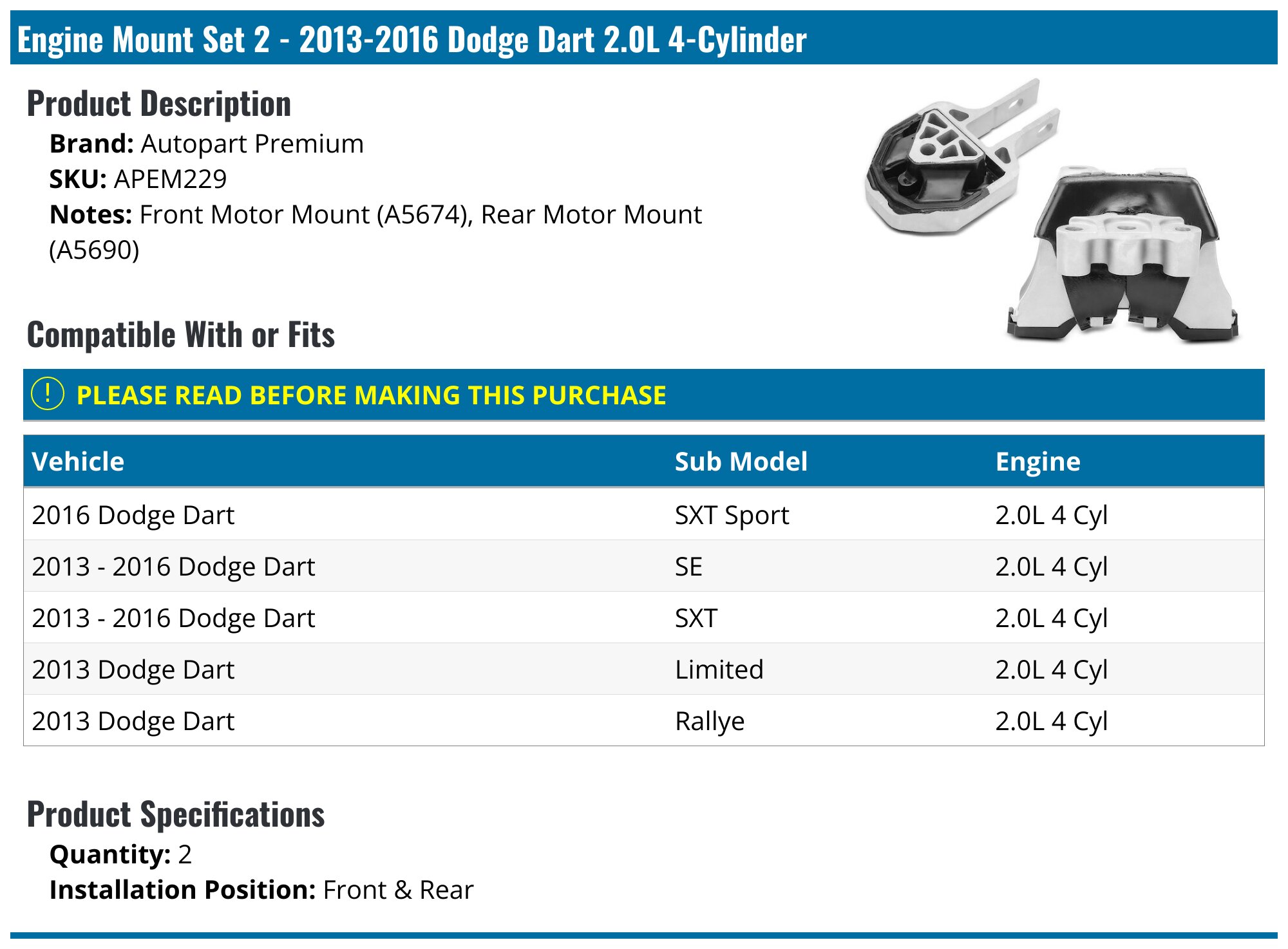 2013-2016 Dodge Dart Engine Mount - Autopart Premium APEM229 - Front ...
