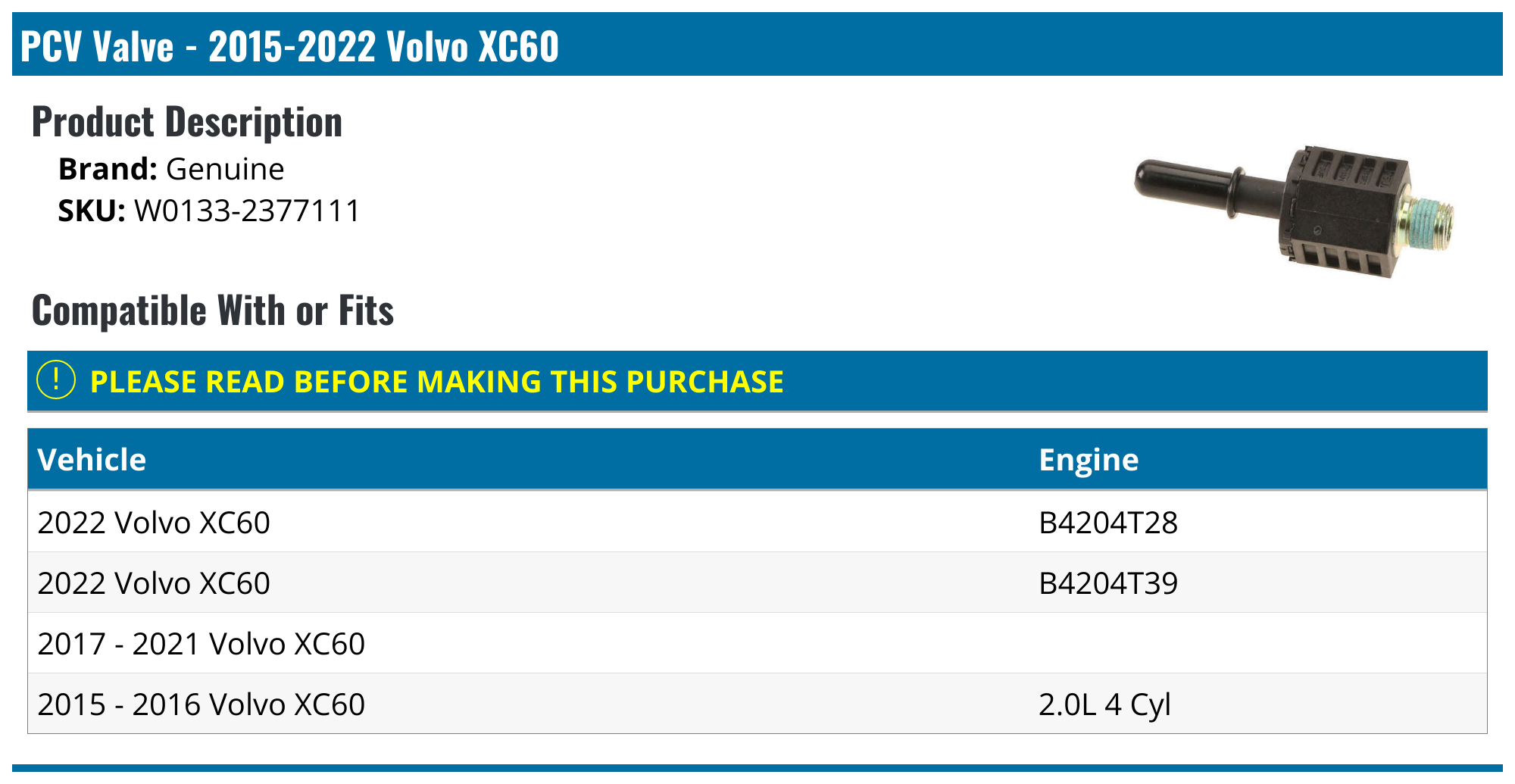 2015-2025 Volvo XC60 PCV Valve - Genuine W0133-2377111 - PartsGeek.com