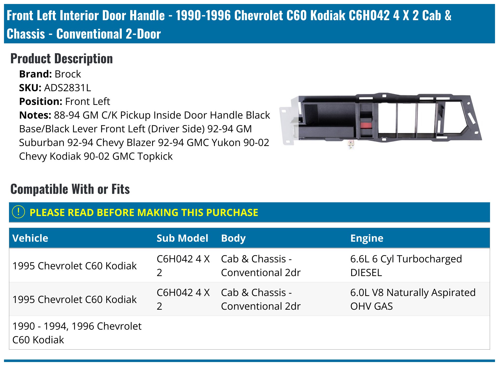 1990-1996 Chevrolet C60 Kodiak Door Handle - Brock ADS2831L - Front ...