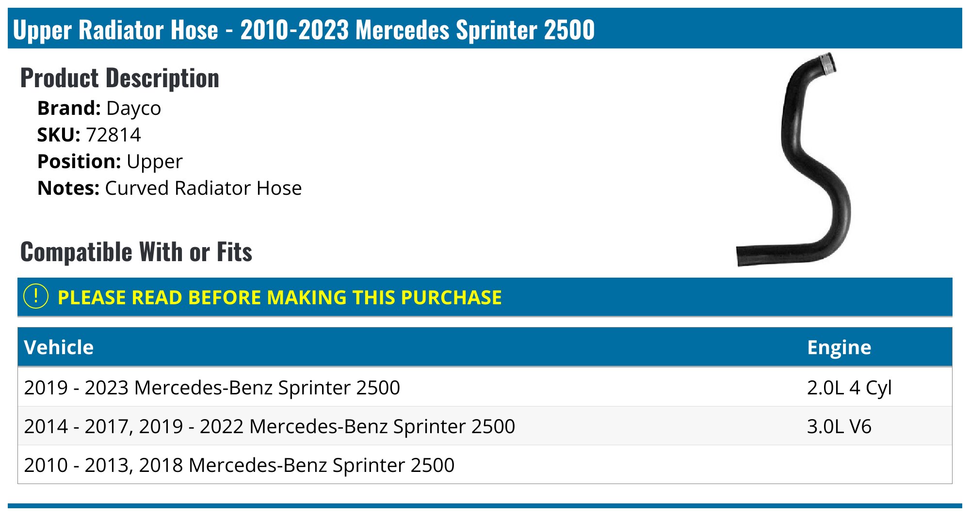 2010-2023 Mercedes Sprinter 2500 Radiator Hose - Dayco 72814 - Upper ...