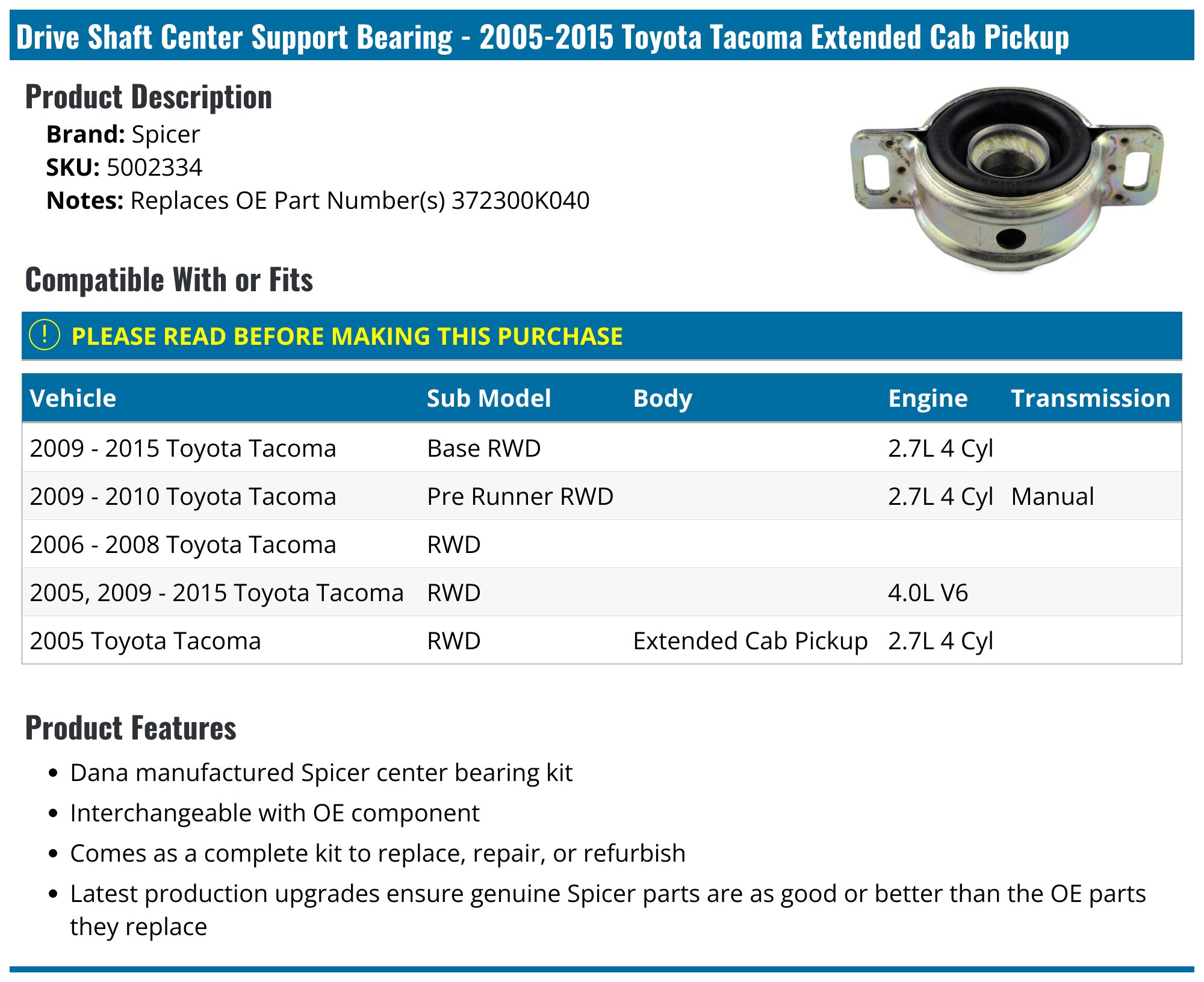 2005-2015 Toyota Tacoma Drive Shaft Center Support Bearing - Spicer ...