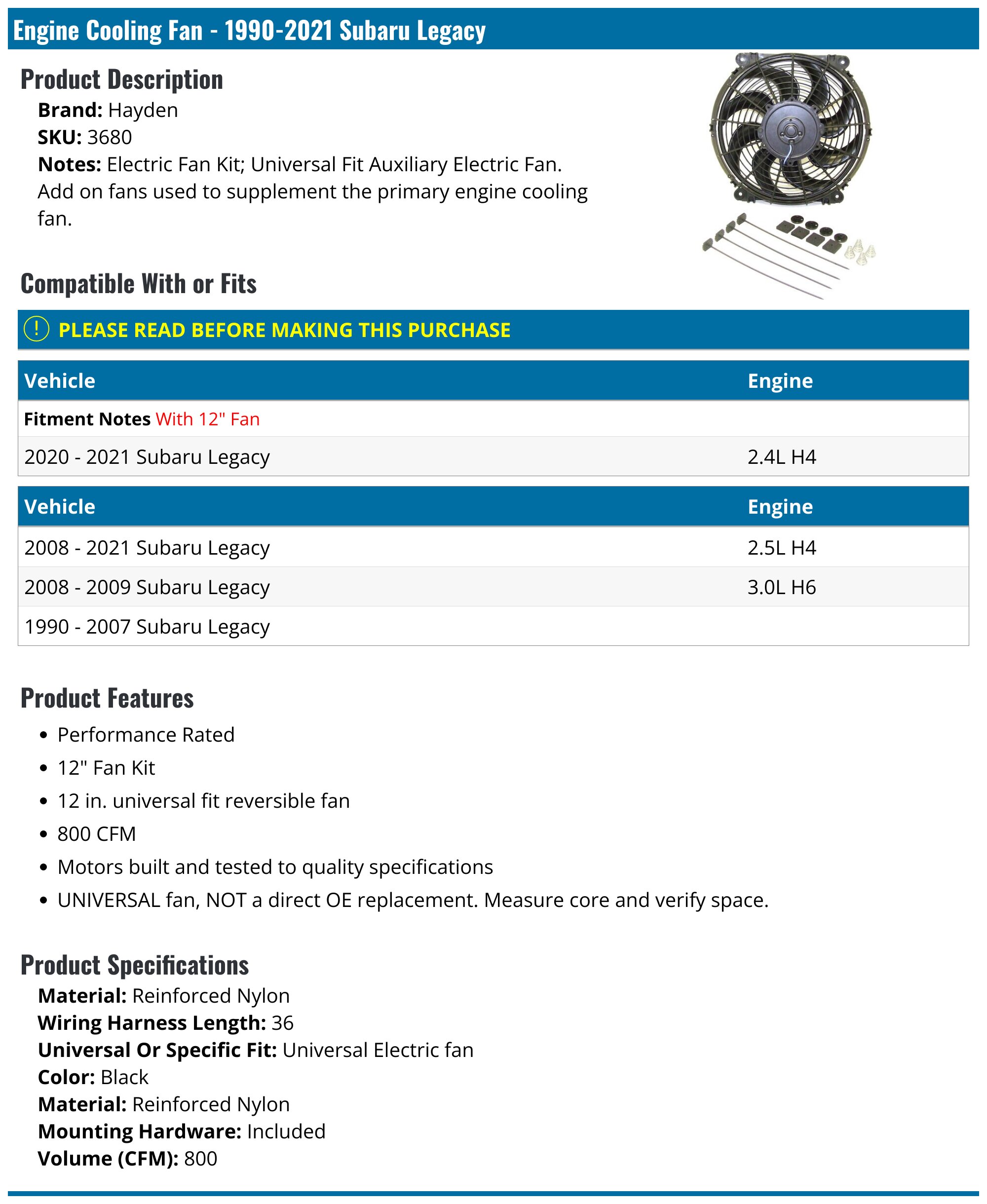 1990-2021 Subaru Legacy Radiator Fan Assembly - Hayden 3680 - PartsGeek.com