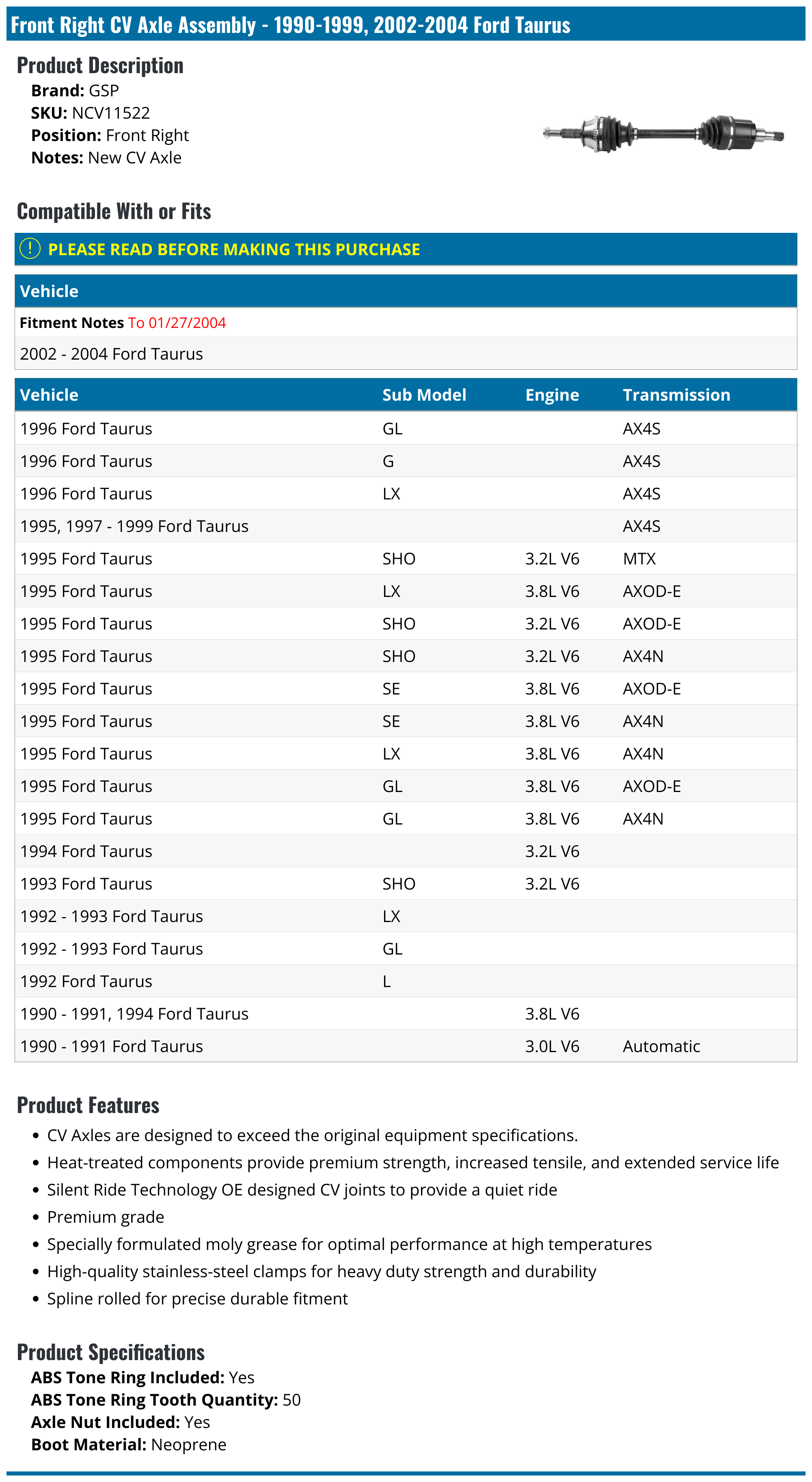 1990-1999, 2002-2004 Ford Taurus Axle Assembly - GSP NCV11522 - Front ...