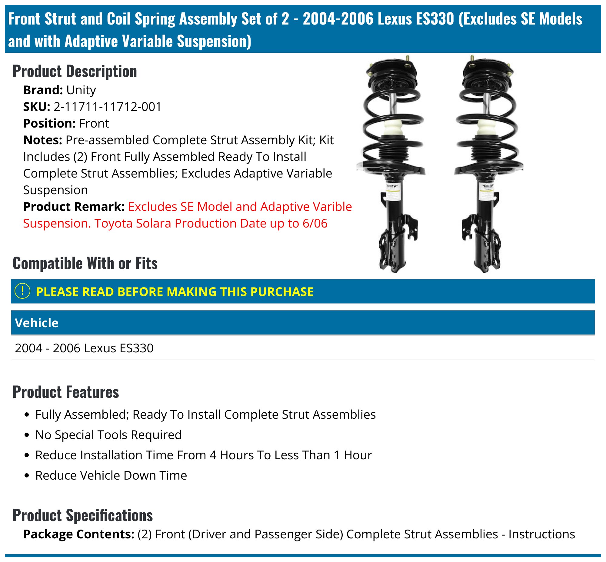 2004-2006 Lexus ES330 Strut Assembly - Unity 2-11711-11712-001 - Front ...