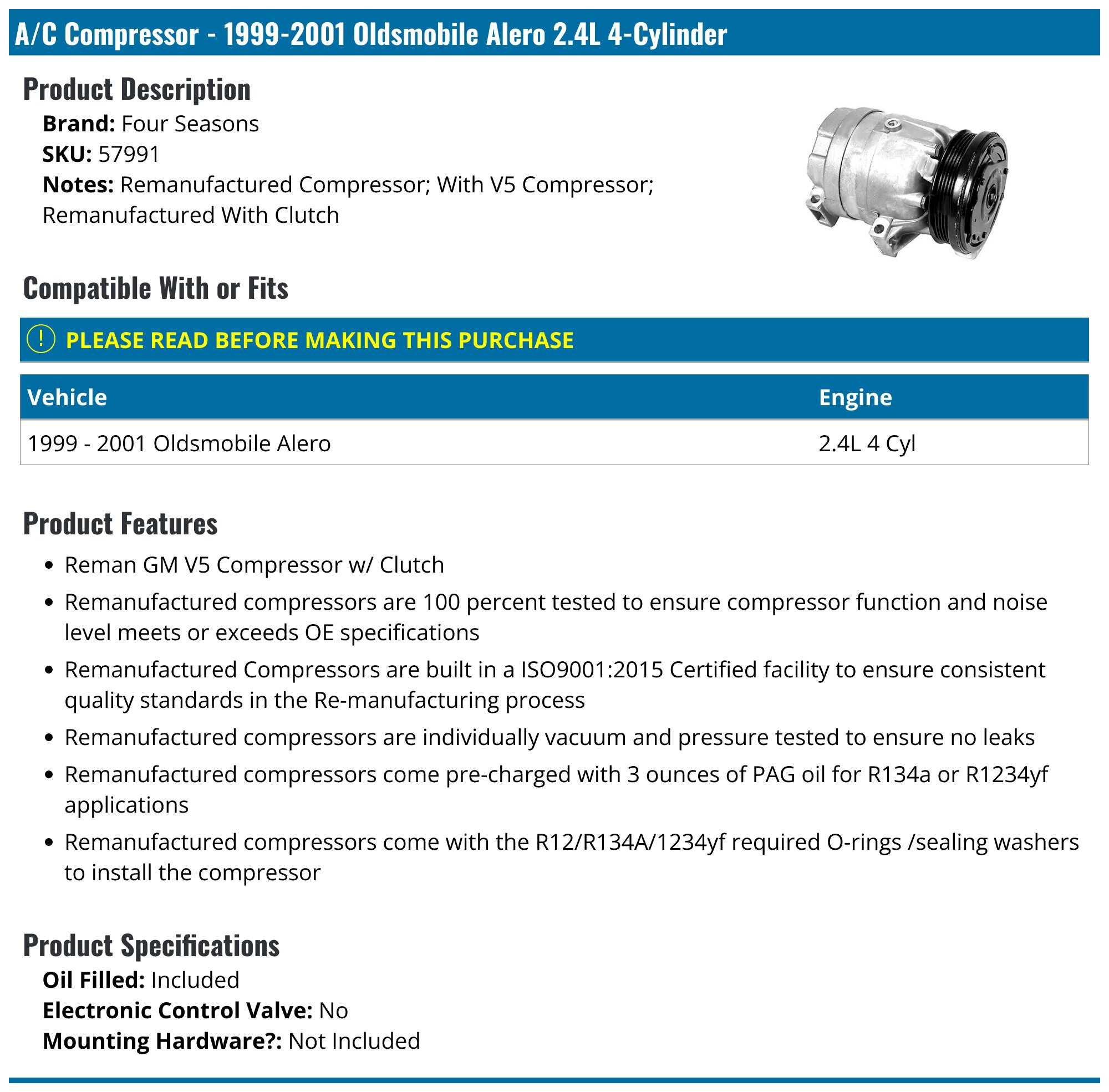 1999-2001 Oldsmobile Alero A/C Compressor - Four Seasons 57991 ...