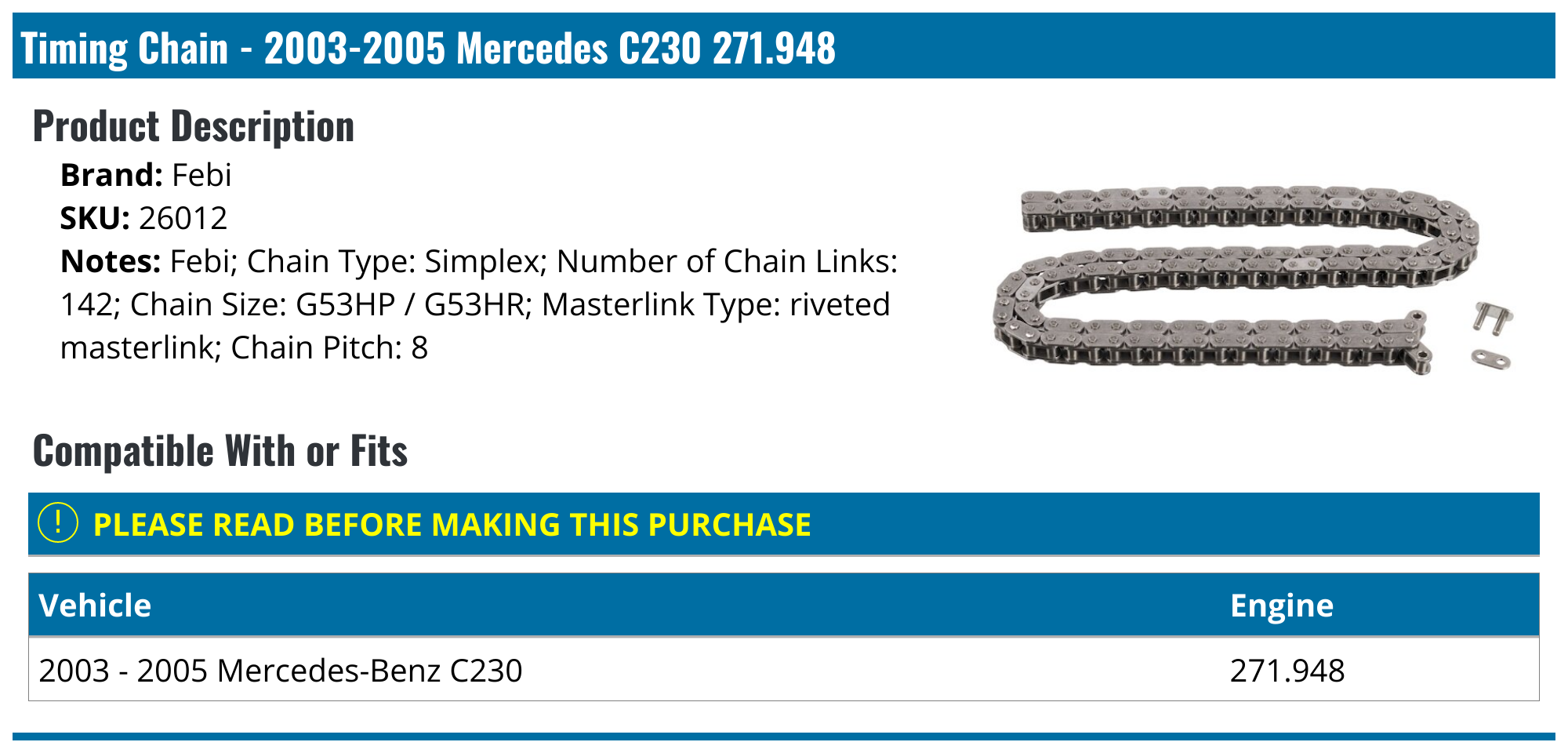 2003-2005 Mercedes C230 Timing Chain - Febi 26012 - PartsGeek.com