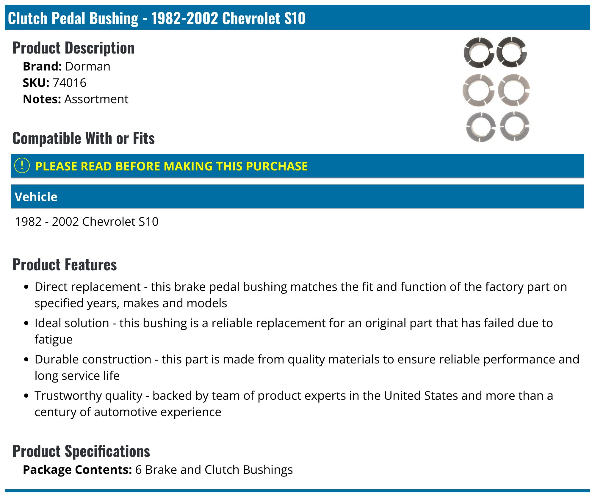 1982-2002 Chevrolet S10 Clutch Pedal Bushing - Dorman 74016 - PartsGeek.com