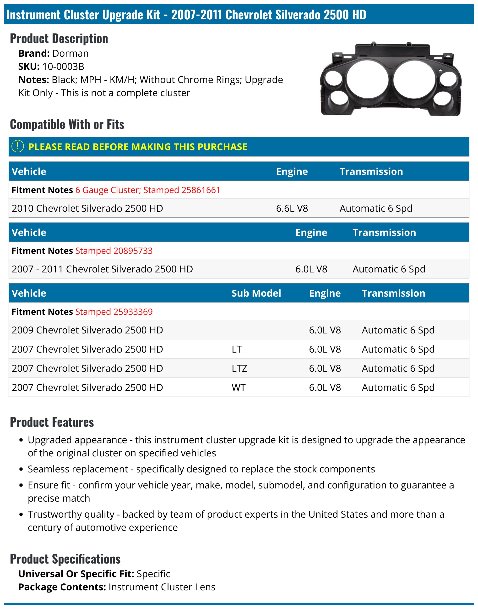2007-2011 Chevrolet Silverado 2500 HD Instrument Cluster Upgrade Kit ...