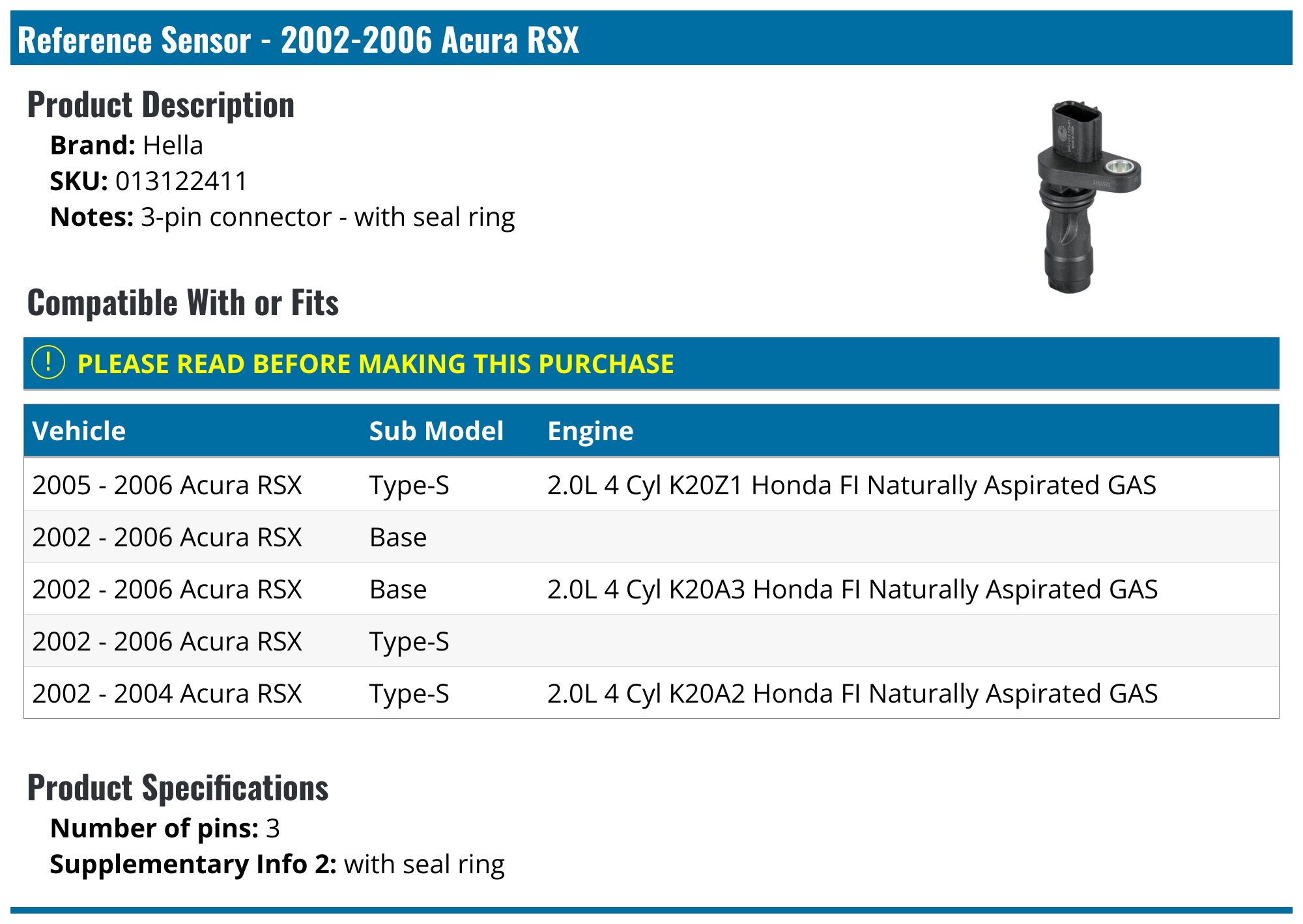 2002-2006 Acura RSX Crank Position Sensor - Hella 013122411 - PartsGeek.com