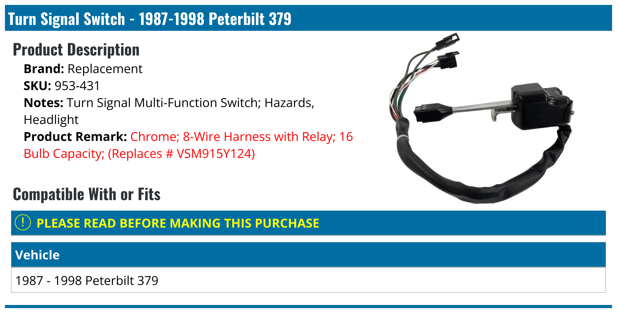 1987-1998 Peterbilt 379 Turn Signal Switch - Replacement 953-431 ...