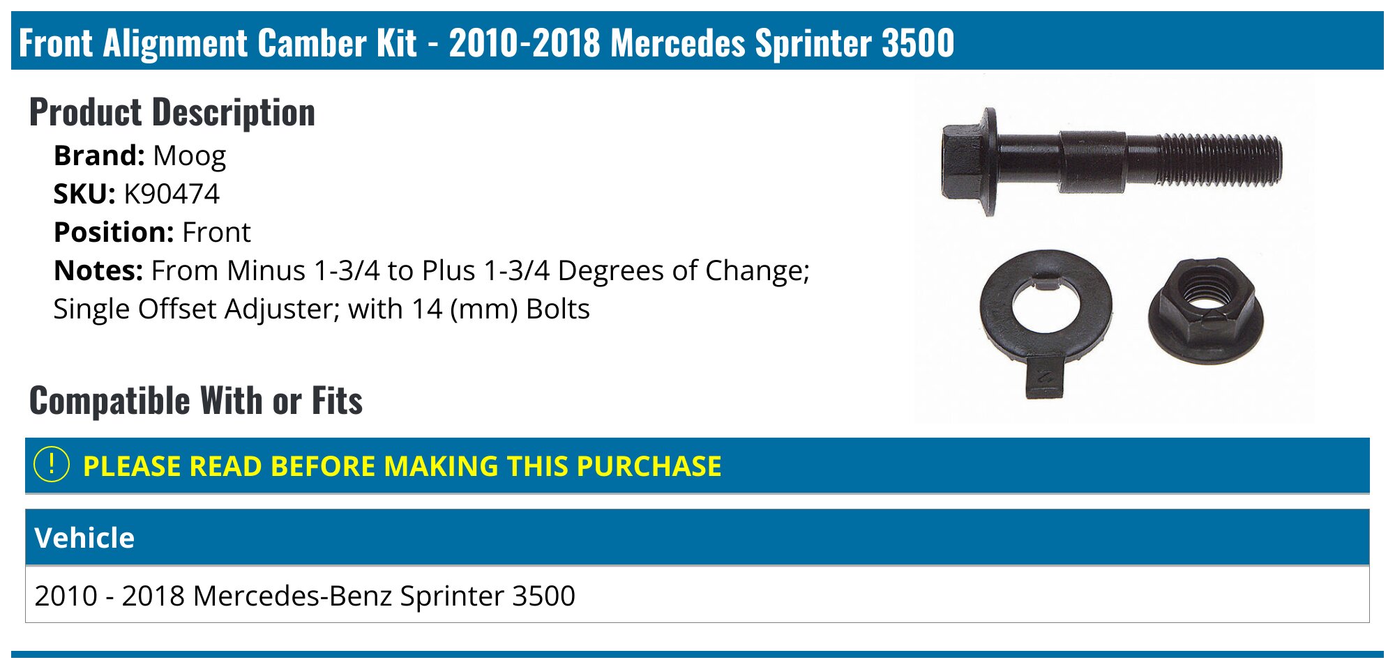 2010-2018 Mercedes Sprinter 3500 Alignment Camber Kit - Moog K90474 ...