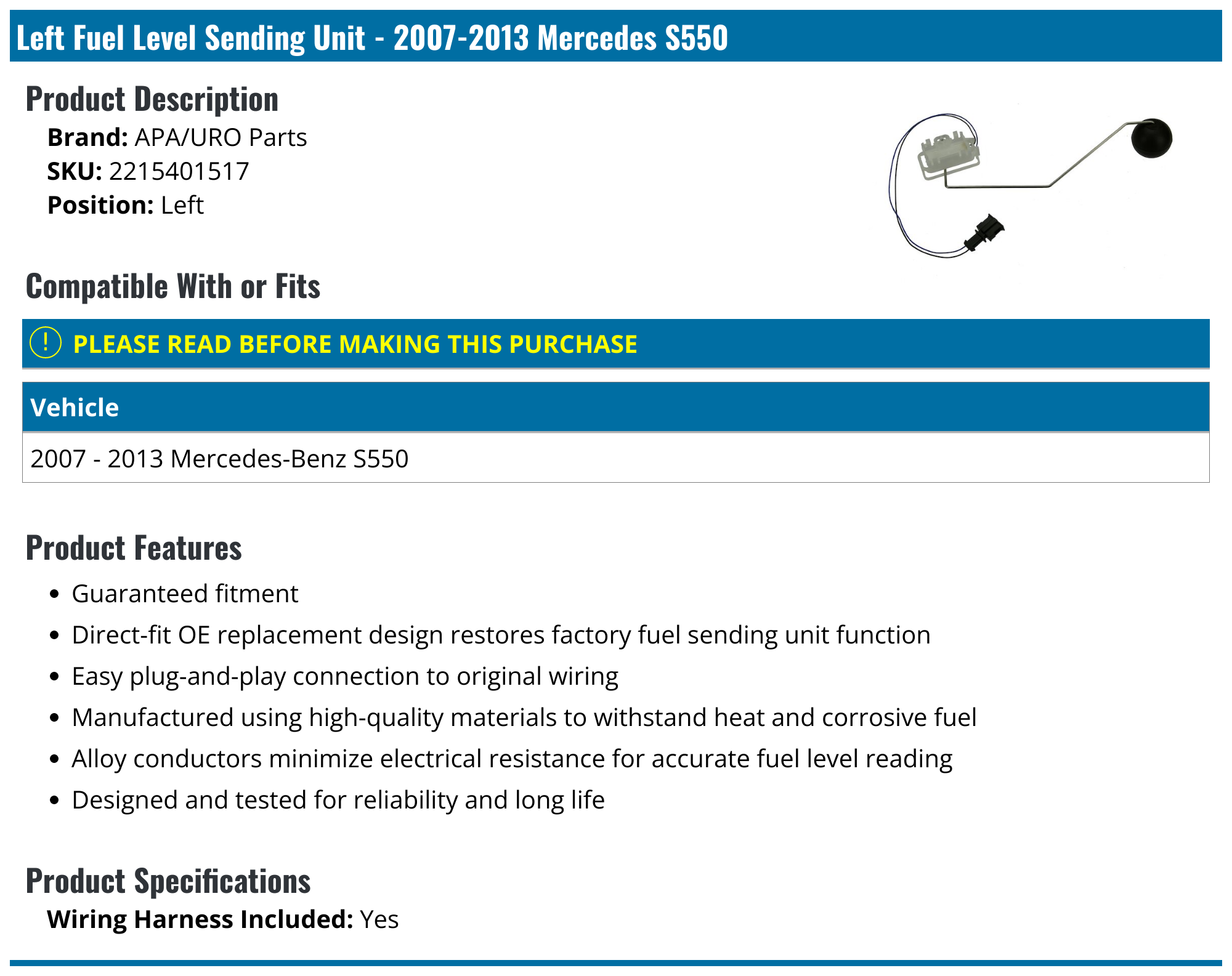 2007-2013 Mercedes S550 Fuel Tank Sending Unit - APA/URO Parts ...