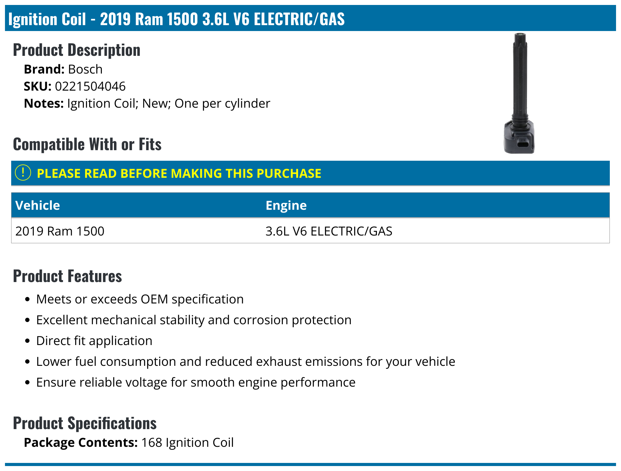 2019-2022 Ram 1500 Ignition Coil - Bosch 0221504046 - PartsGeek.com
