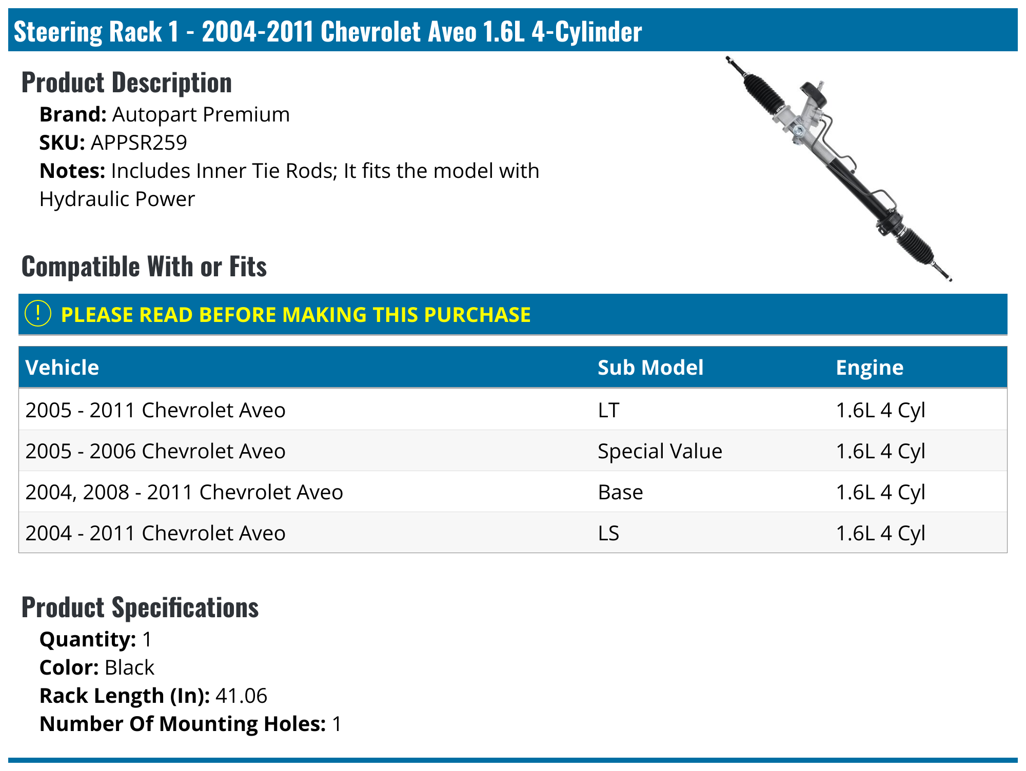 2004-2011 Chevrolet Aveo Steering Rack - Autopart Premium APPSR259 ...