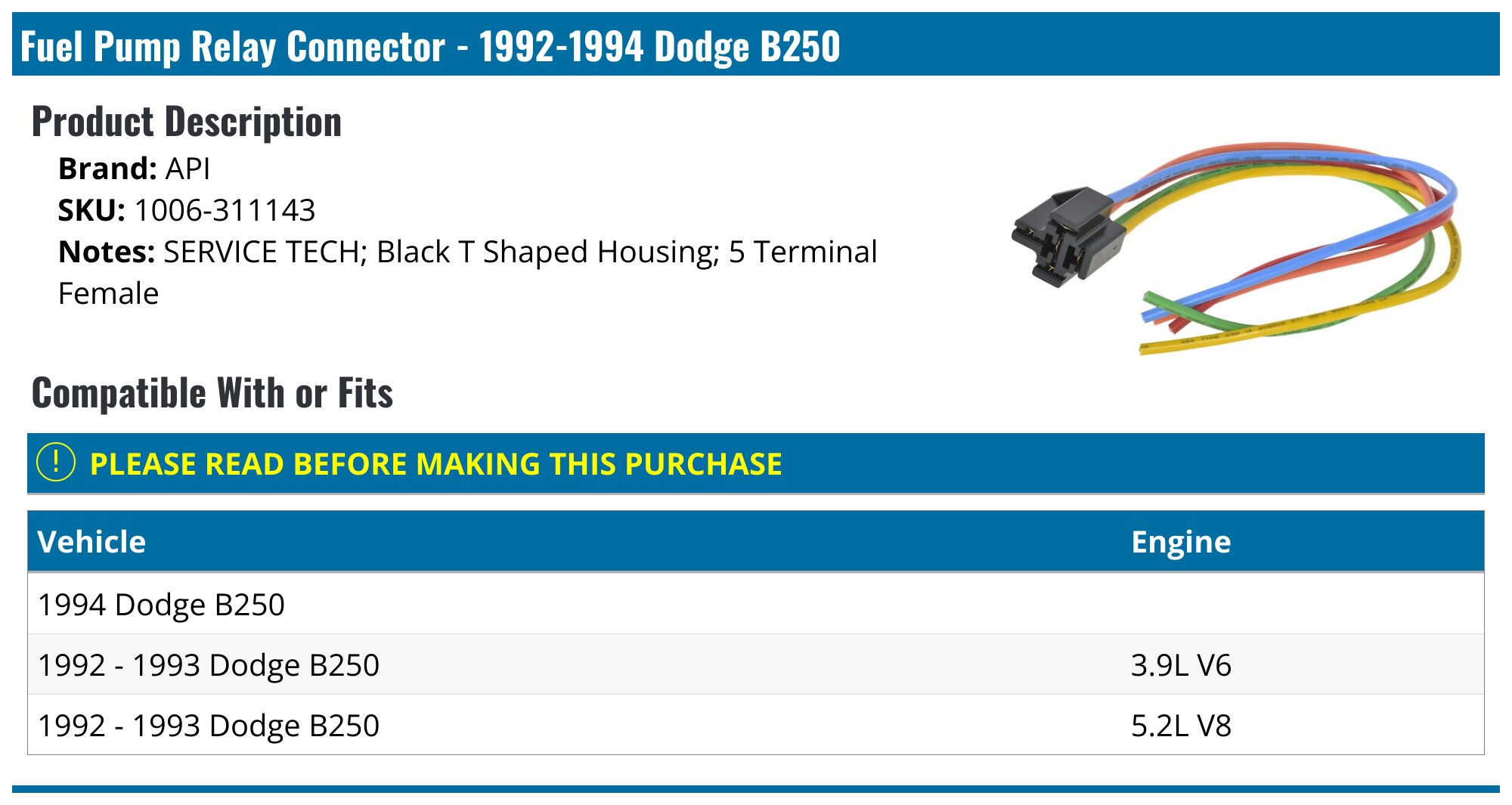 1992-1994 Dodge B250 Fuel Pump Relay Connector - API 1654-07612153 ...
