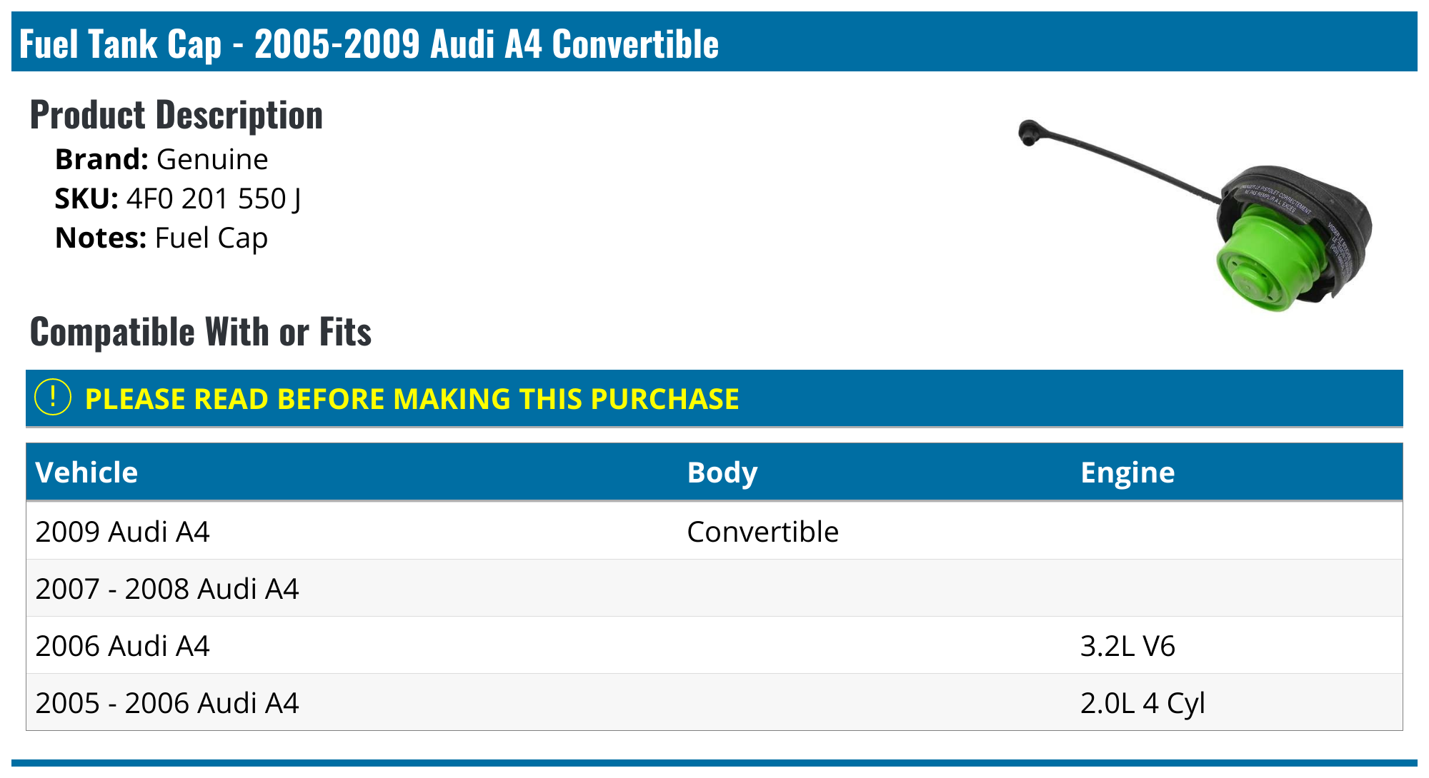 2005-2009 Audi A4 Fuel Tank Cap - Genuine 4F0 201 550 J - PartsGeek.com