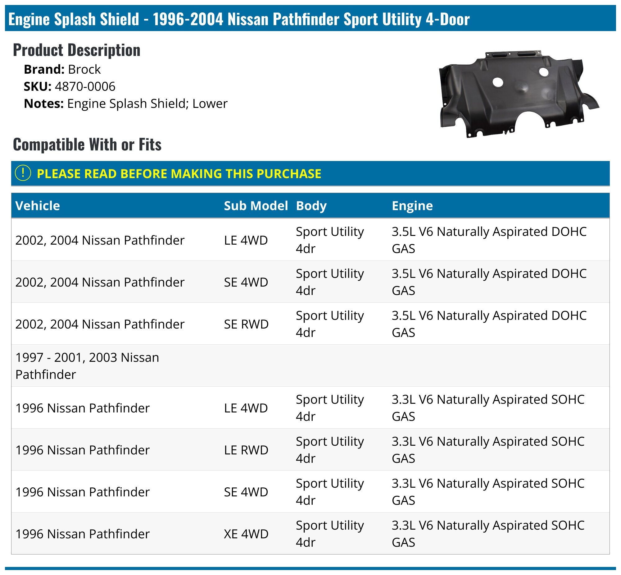 1996-2004 Nissan Pathfinder Lower Engine Cover - Brock 4870-0006 ...