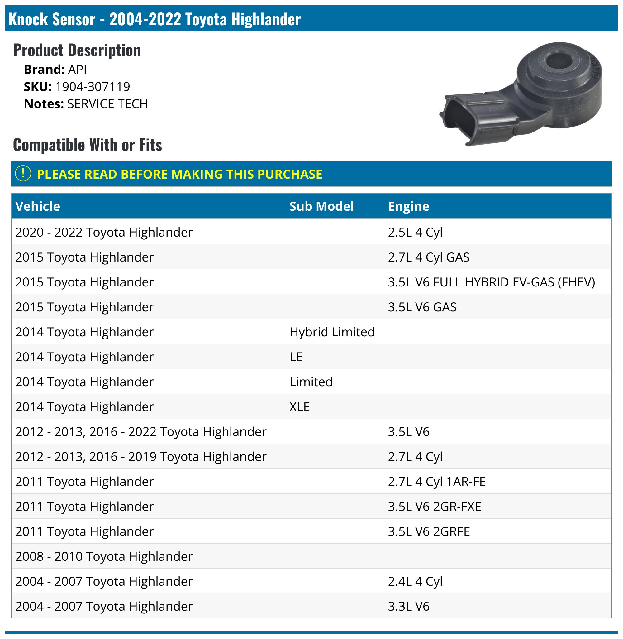 2004-2022 Toyota Highlander Knock Sensor - API 18050-07388556 ...