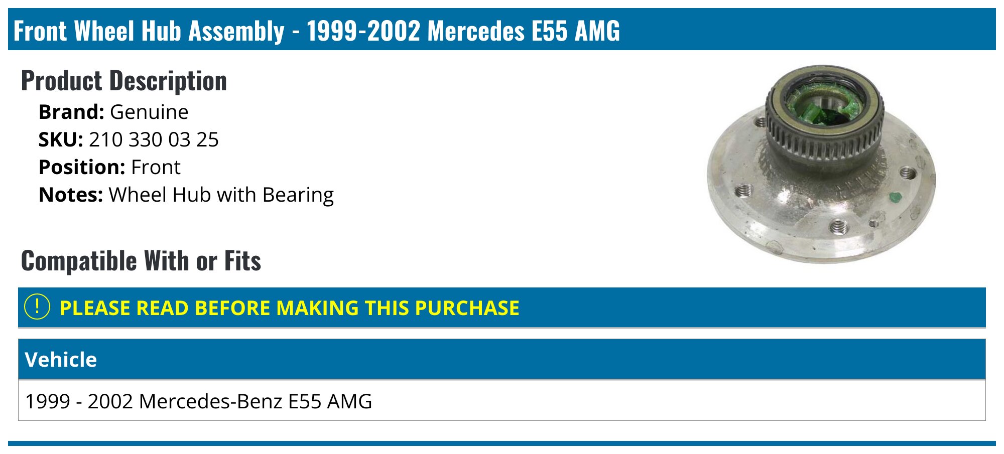 1999-2002 Mercedes E55 AMG Wheel Hub Assembly - Genuine 210 330 03 25 ...