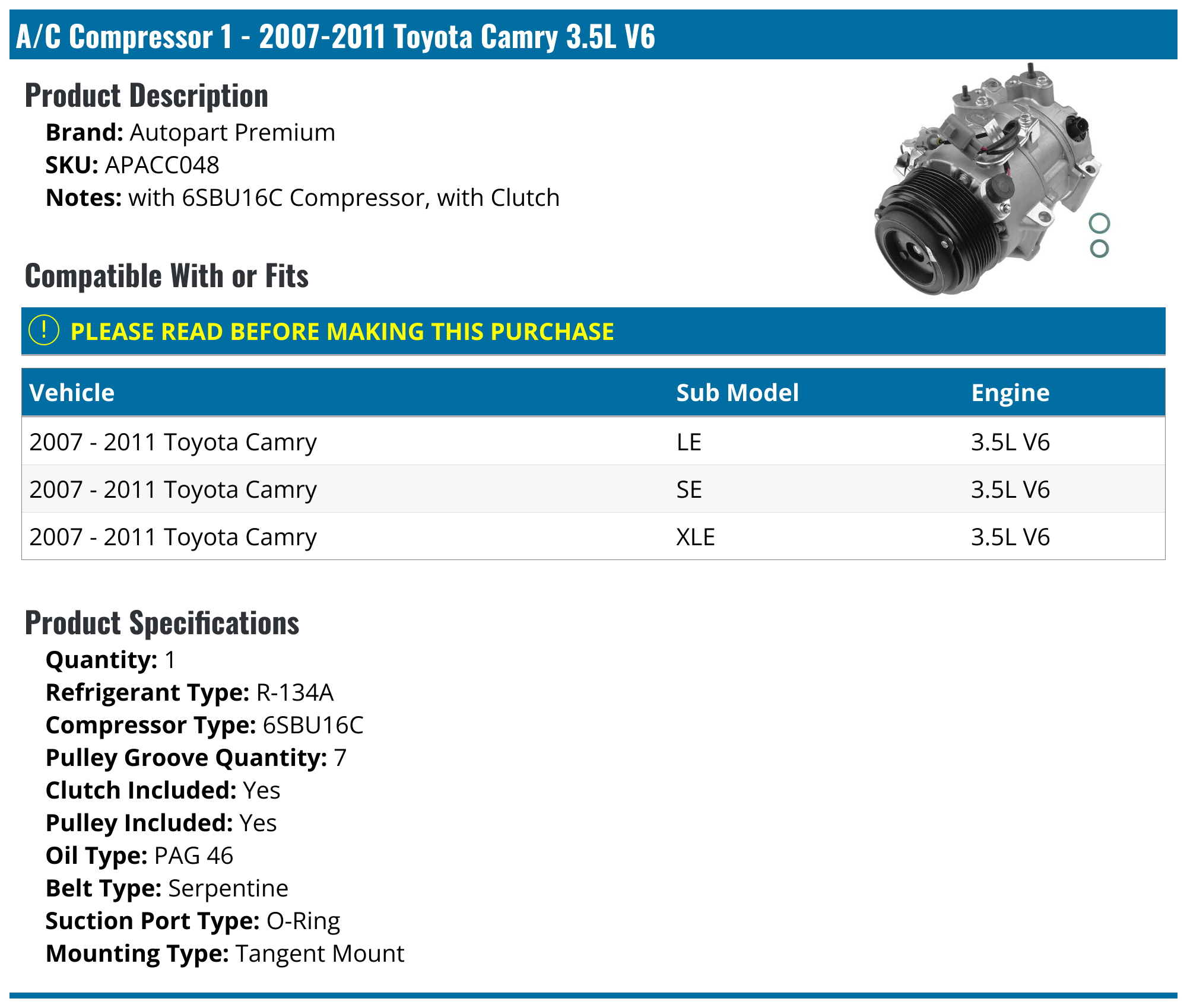 2007-2011 Toyota Camry A/C Compressor - Autopart Premium APACC048 ...