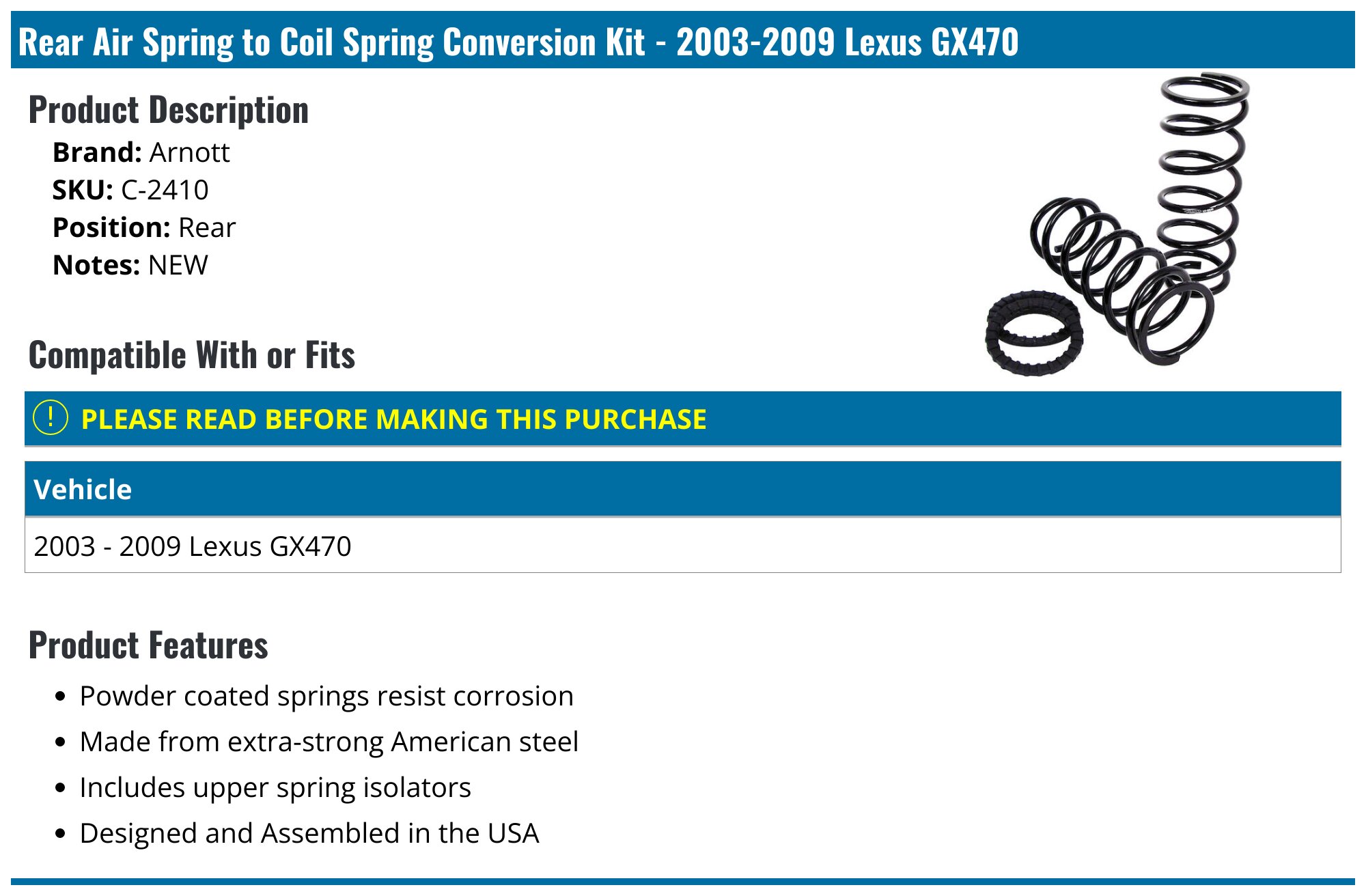 2003-2009 Lexus GX470 Air Spring to Coil Spring Conversion Kit - Arnott ...