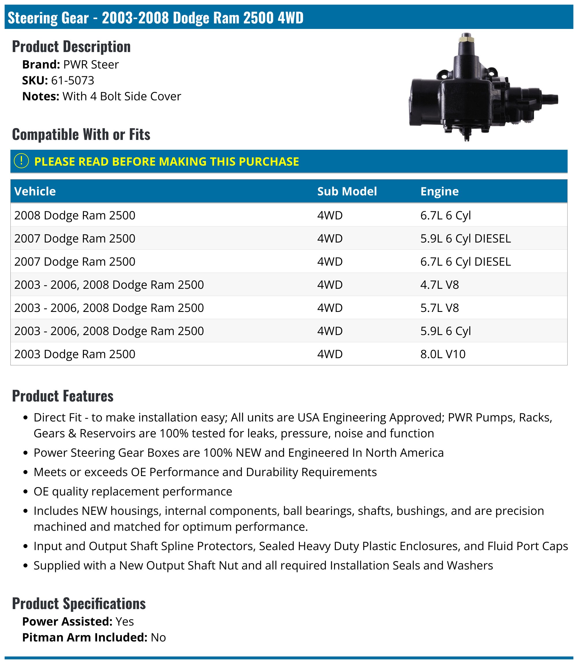 2003-2008 Dodge Ram 2500 Steering Gear - PWR Steer 61-5073 - PartsGeek.com