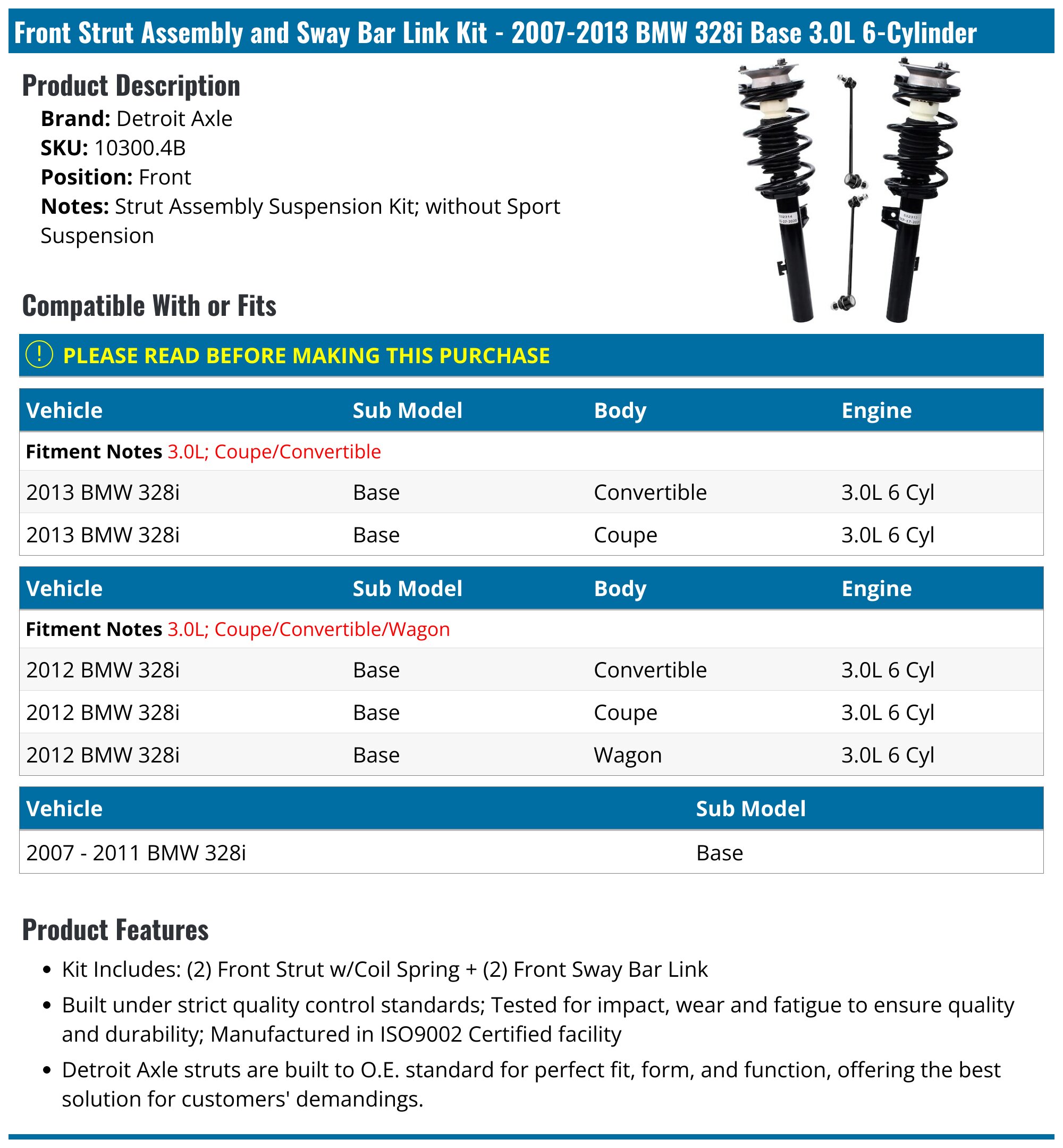 2007-2013 BMW 328i Strut Assembly - Detroit Axle 10300.4B - Front ...