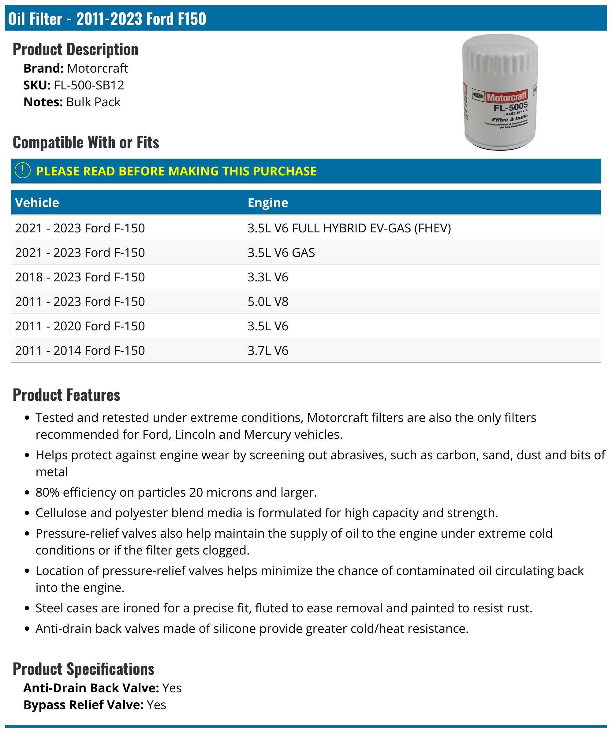 2011-2026 Ford F150 Oil Filter - Motorcraft FL-500-SB12 - PartsGeek.com