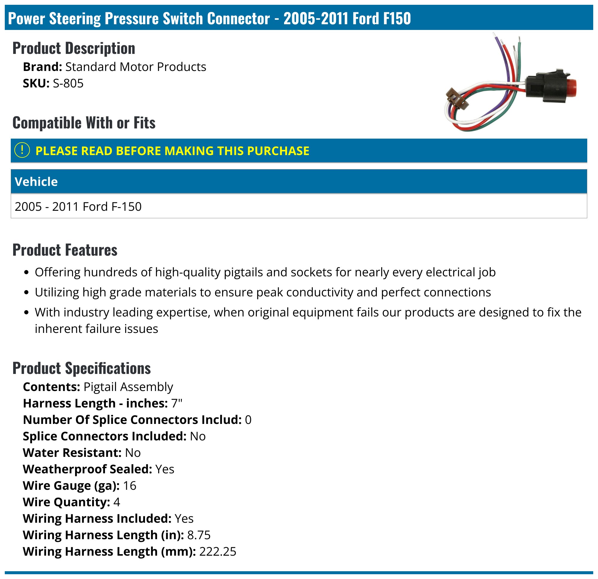 2005-2011 Ford F150 Power Steering Pressure Switch Connector - Standard ...
