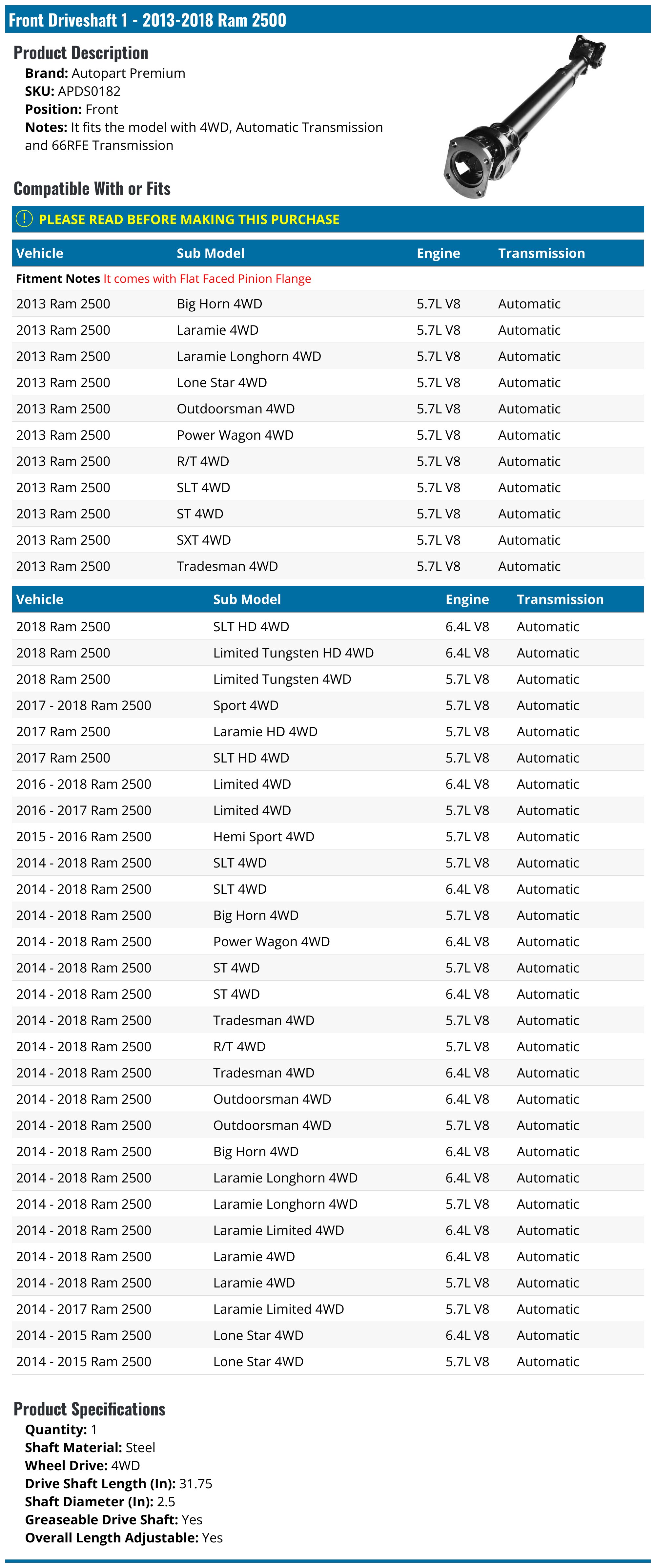 2013-2018 Ram 2500 Drive Shaft - Autopart Premium APDS0182 - Front ...