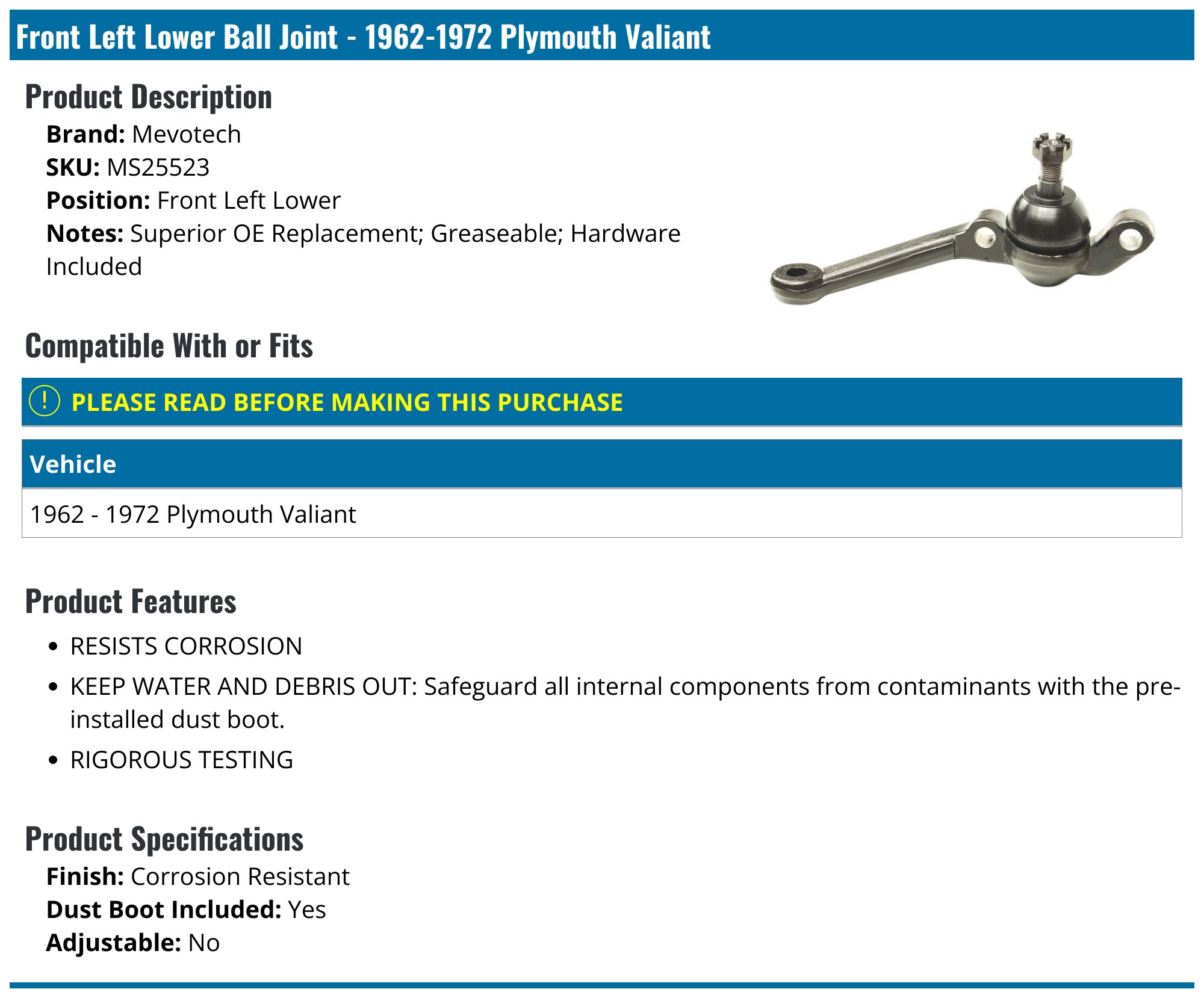 1962-1972 Plymouth Valiant Ball Joint - Mevotech MS25523 - Front Left ...