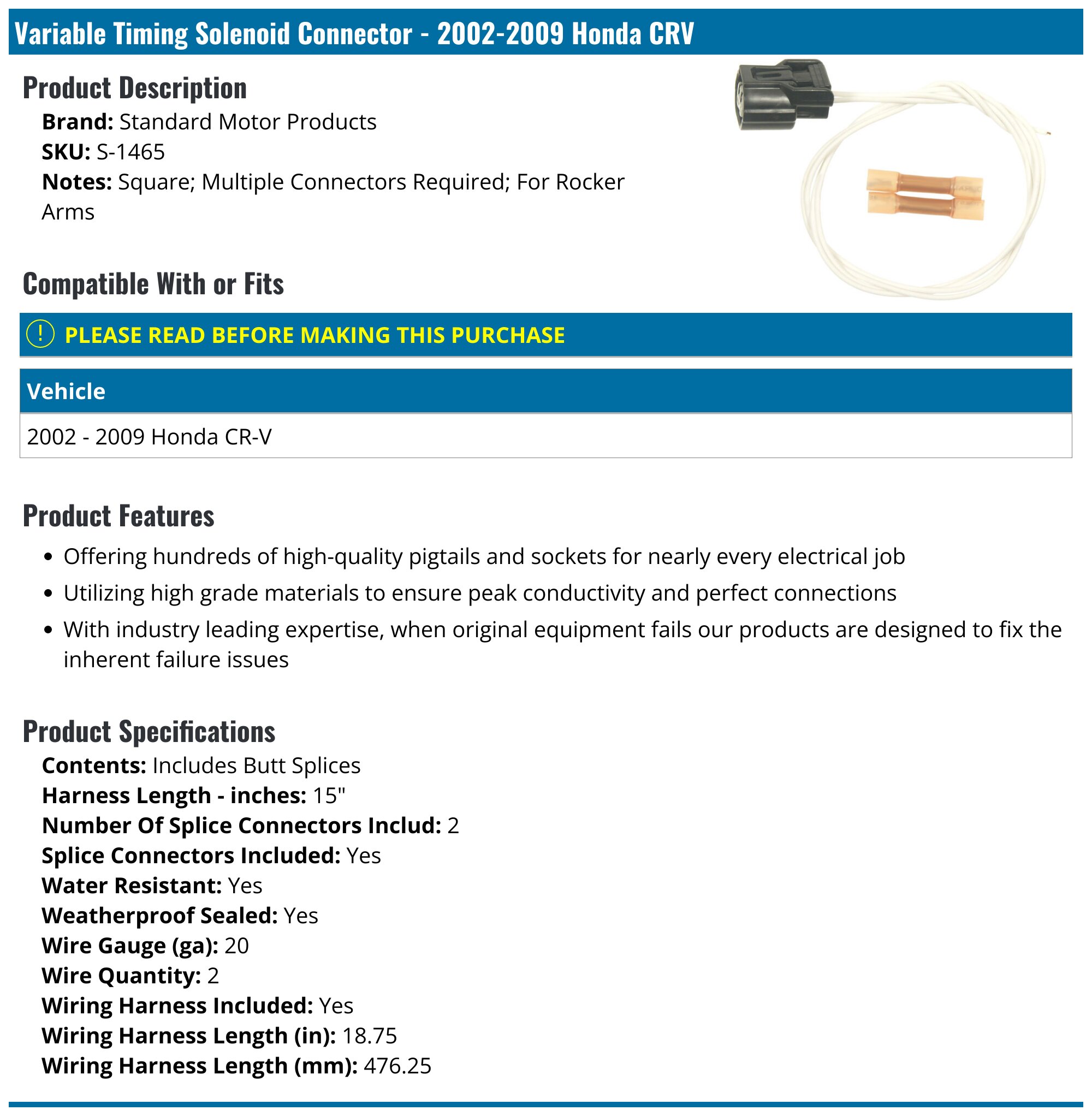 2002-2009 Honda CRV Variable Timing Solenoid Connector - Standard Motor ...
