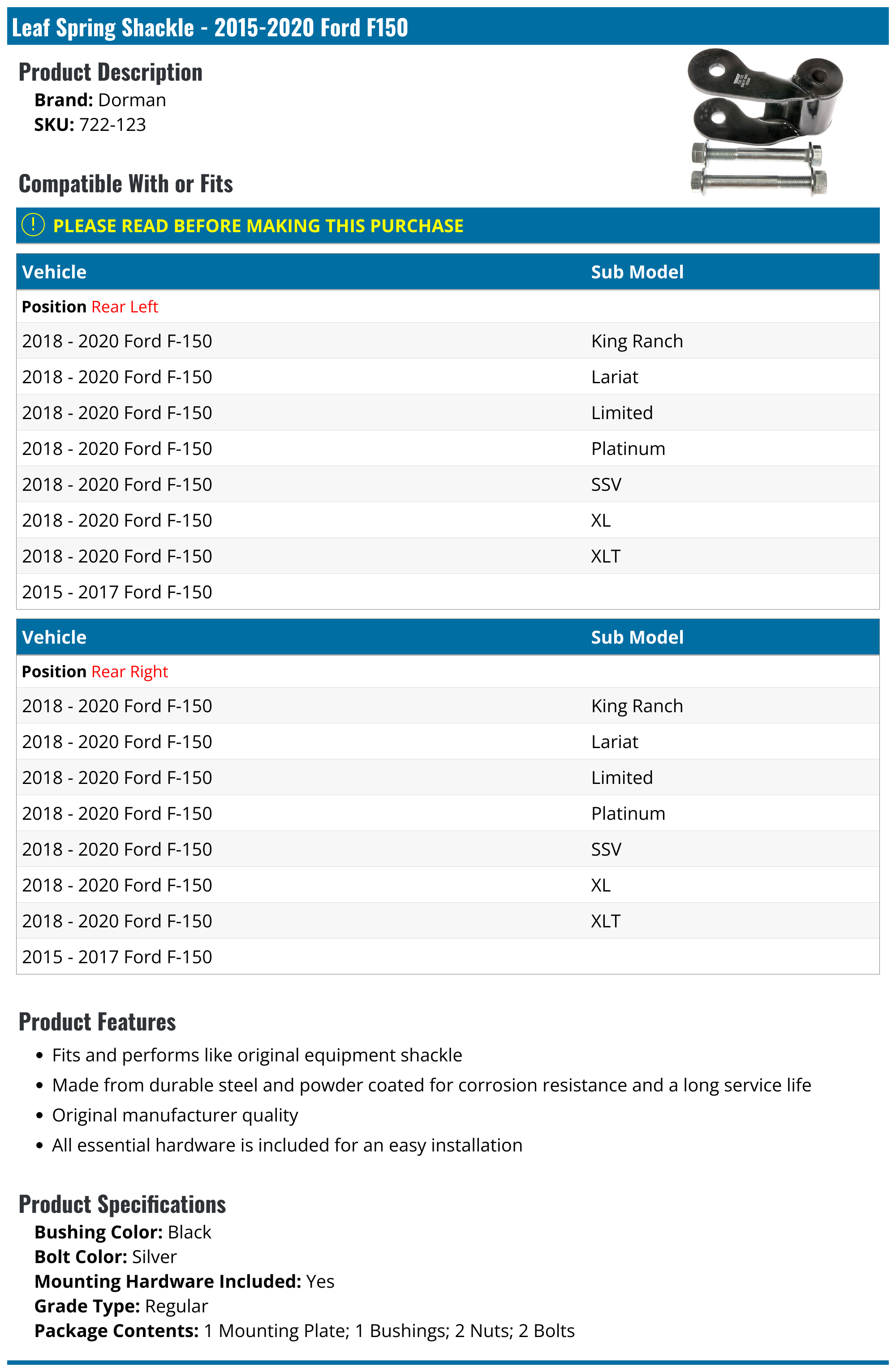 2015-2020 Ford F150 Leaf Spring Shackle - Dorman 722-123 - Rear Right ...