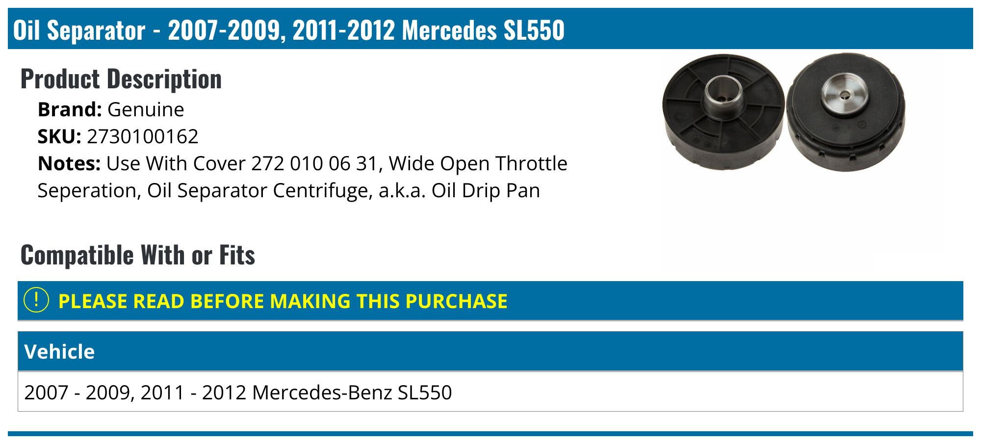 2007-2009, 2011-2012 Mercedes SL550 Oil Separator - Genuine 2730100162 ...