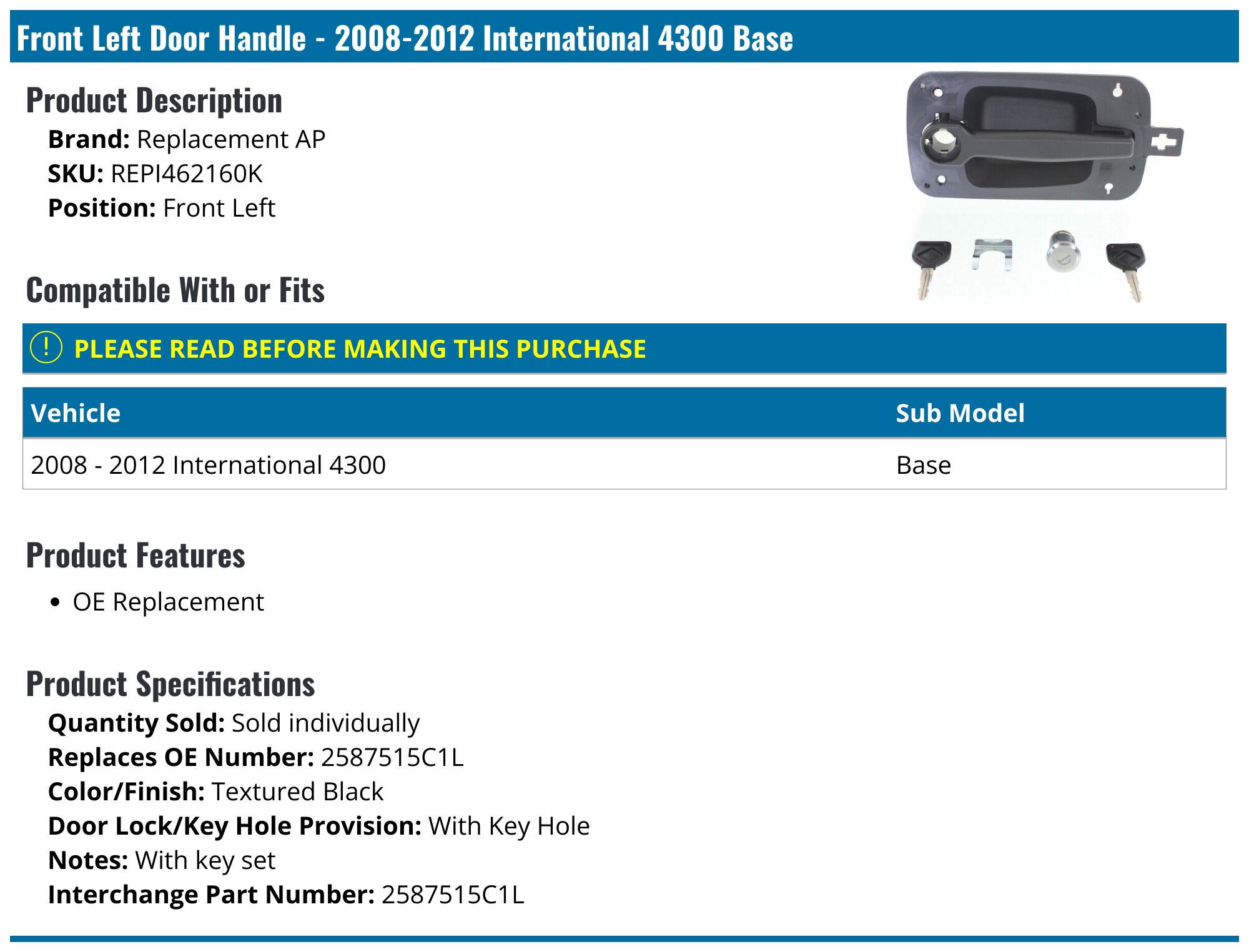 2008-2012 International 4300 Door Handle - Replacement AP REPI462160K ...